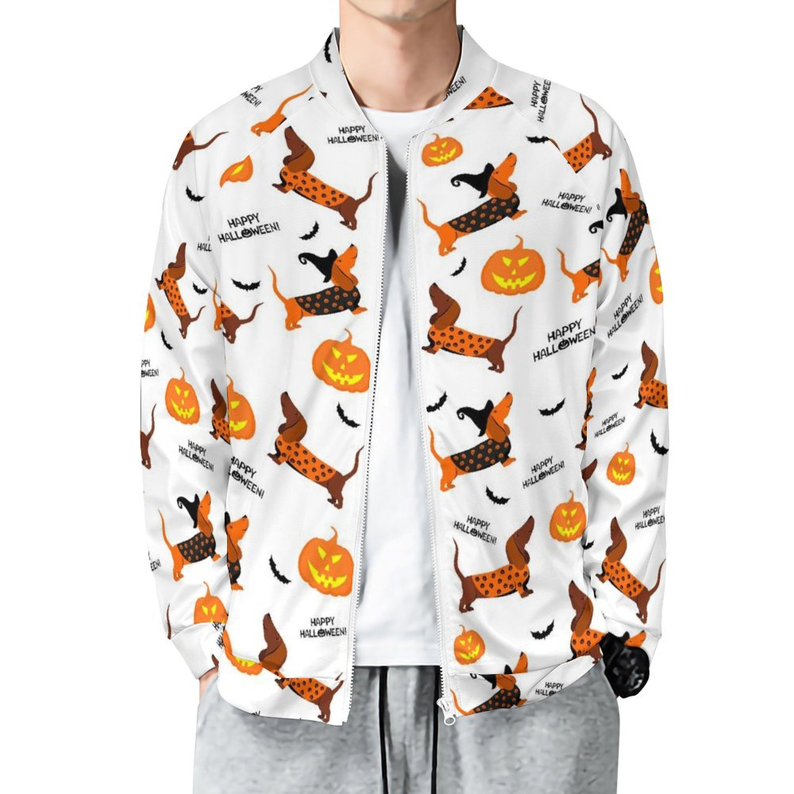Lightweight Jacket for Men - Pumpkin Halloween Dog Casual Zip Up Bomber ...
