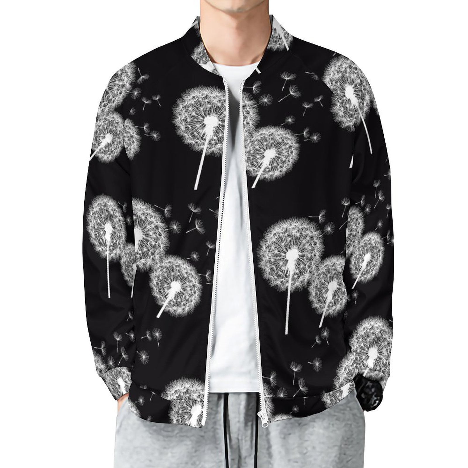 Lightweight Jacket for Men - White Flower Dandelion Casual Fashion Zip ...