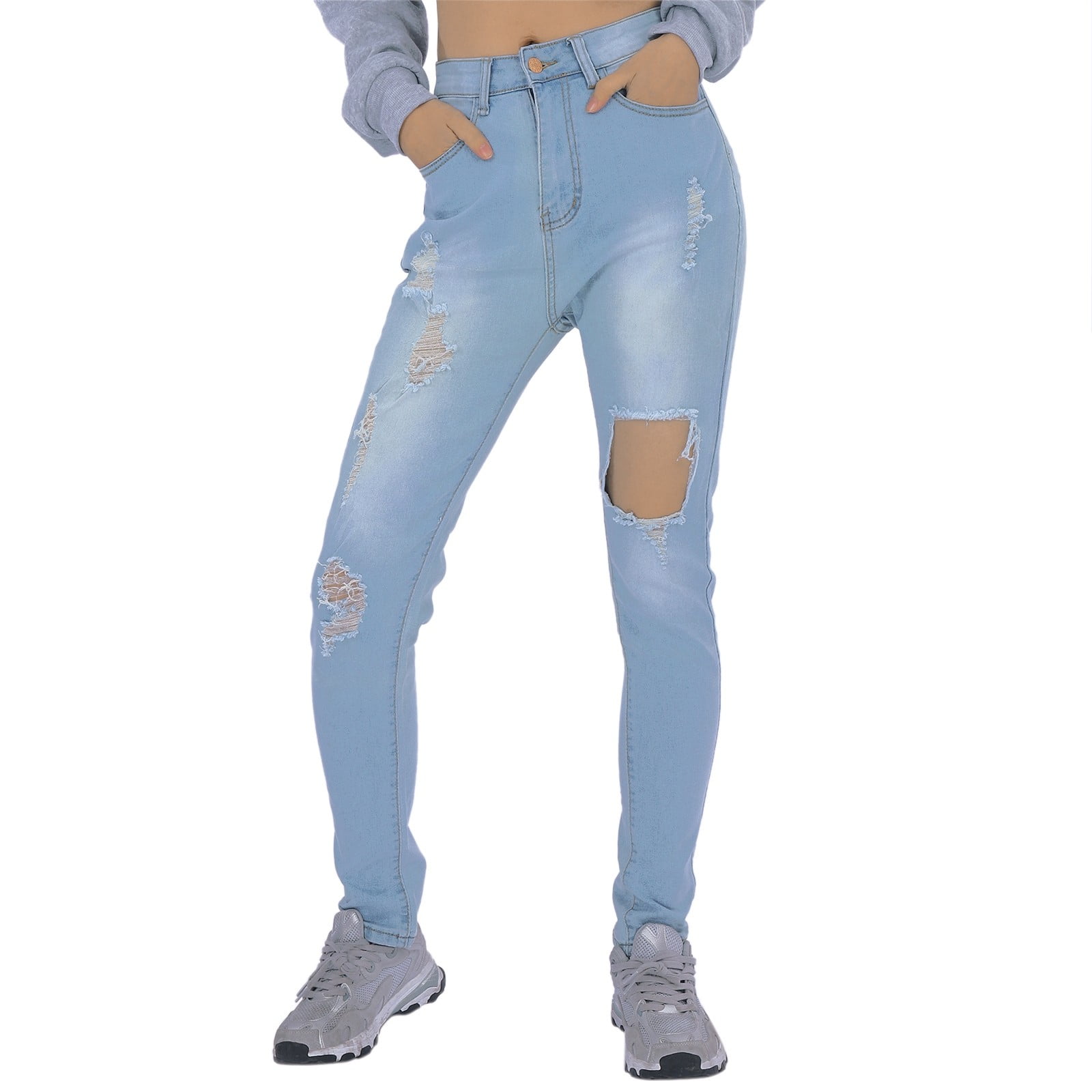 Lightweight Jeans For Women High Waist Solid Color Ripped Front Frayed Ankle Pant Relaxed Slim