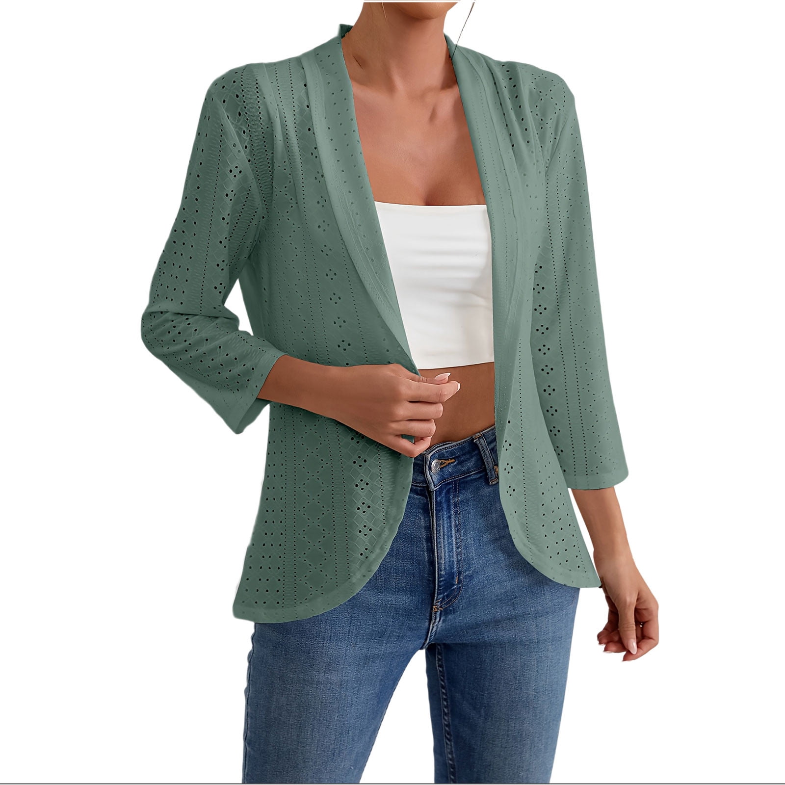 Lightweight Summer Cardigan for Women Eyelet Knit 3/4 Sleeve Blazers ...