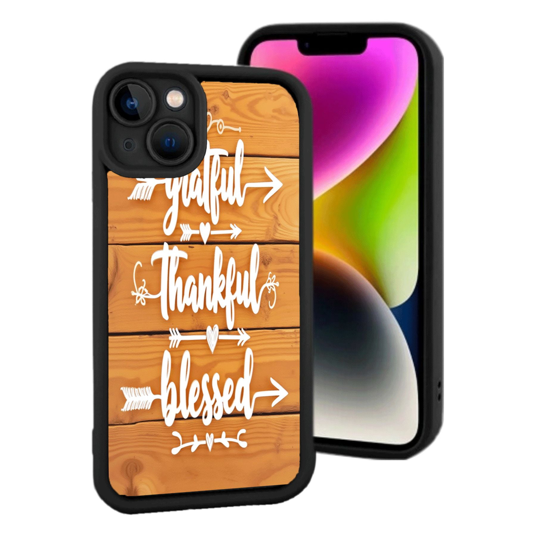 Lightweight iPhone 15 Case with Wooden Background Cursive ' Grateful ...