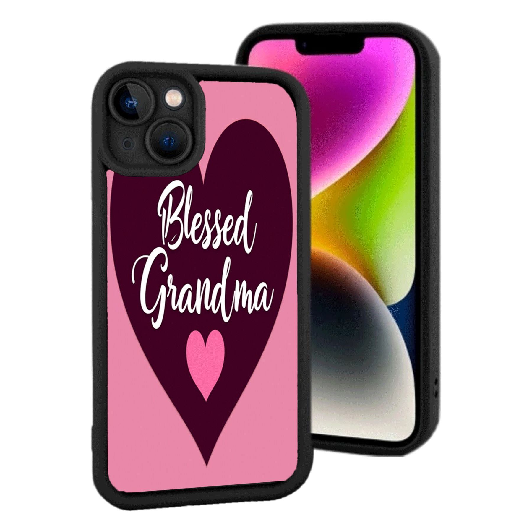Lightweight iPhone 15 Phone Case - Black Border Pink Background ' Blessed Grandma ' in White ...