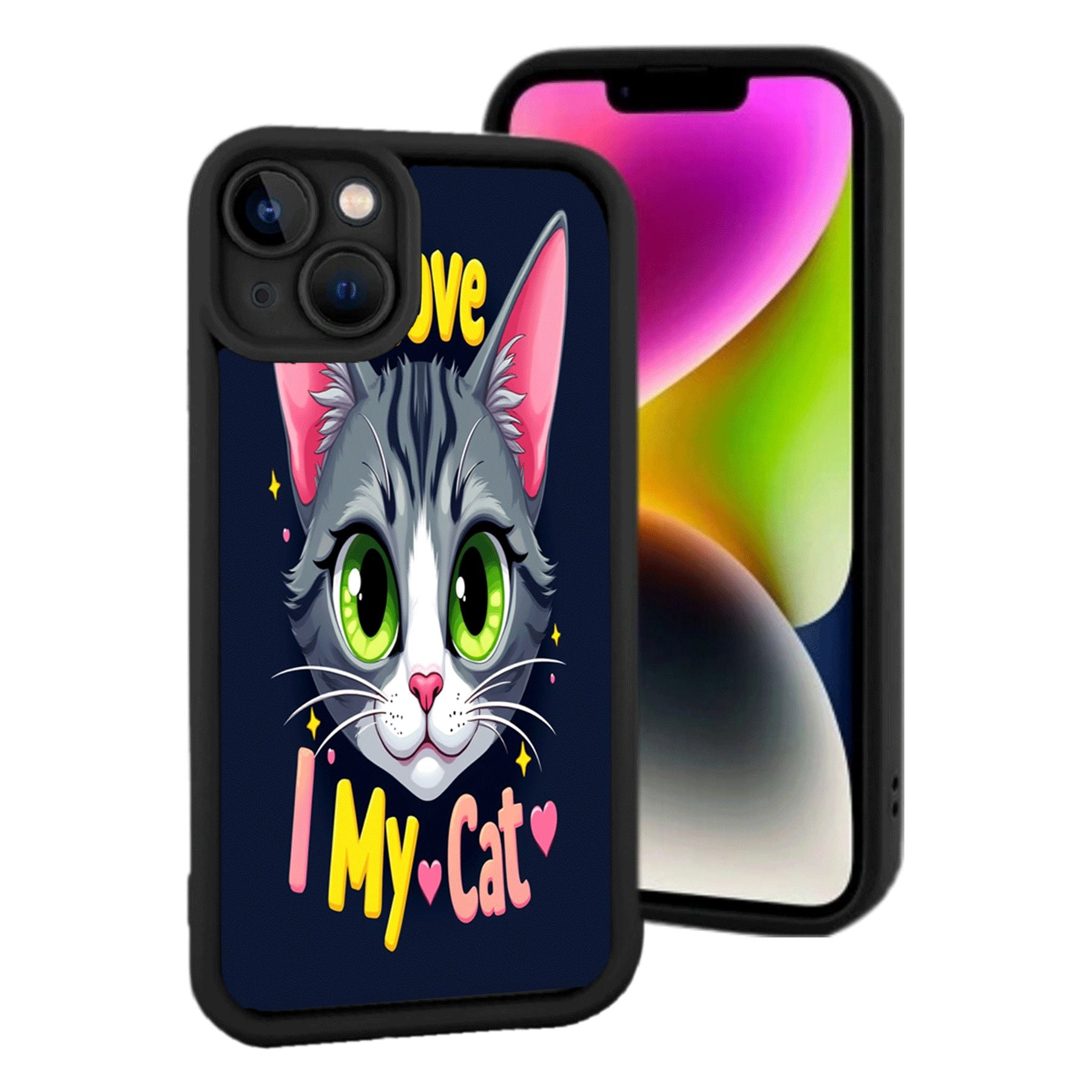 Lightweight iPhone 15 Phone Case - Cute Cartoon Cat Face with Green ...