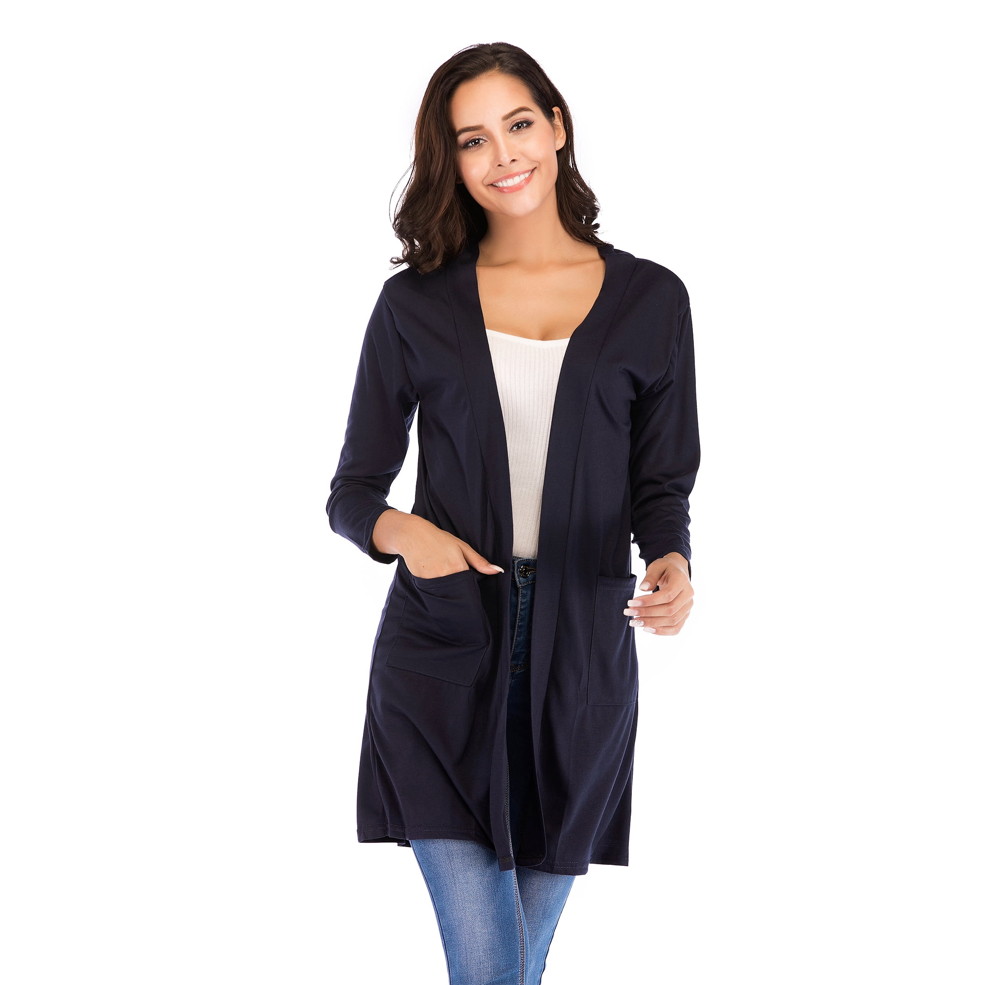 Lightweigt Solid Open Front Long Knited Cardigan Sweater with Two Side ...
