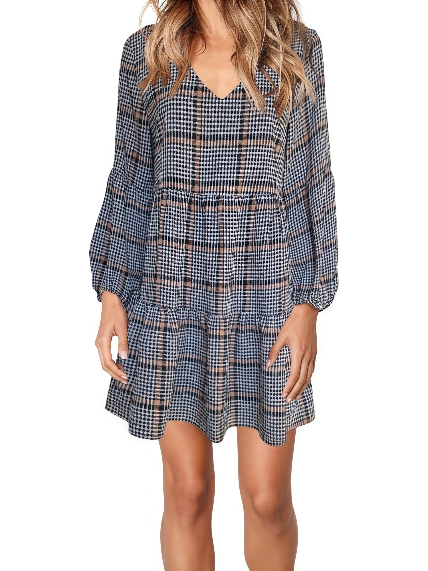 Liher Fall Dress for Women Lantern Long Sleeve V Neck Mini Dress Cute Babydoll T Shirts Dress ...