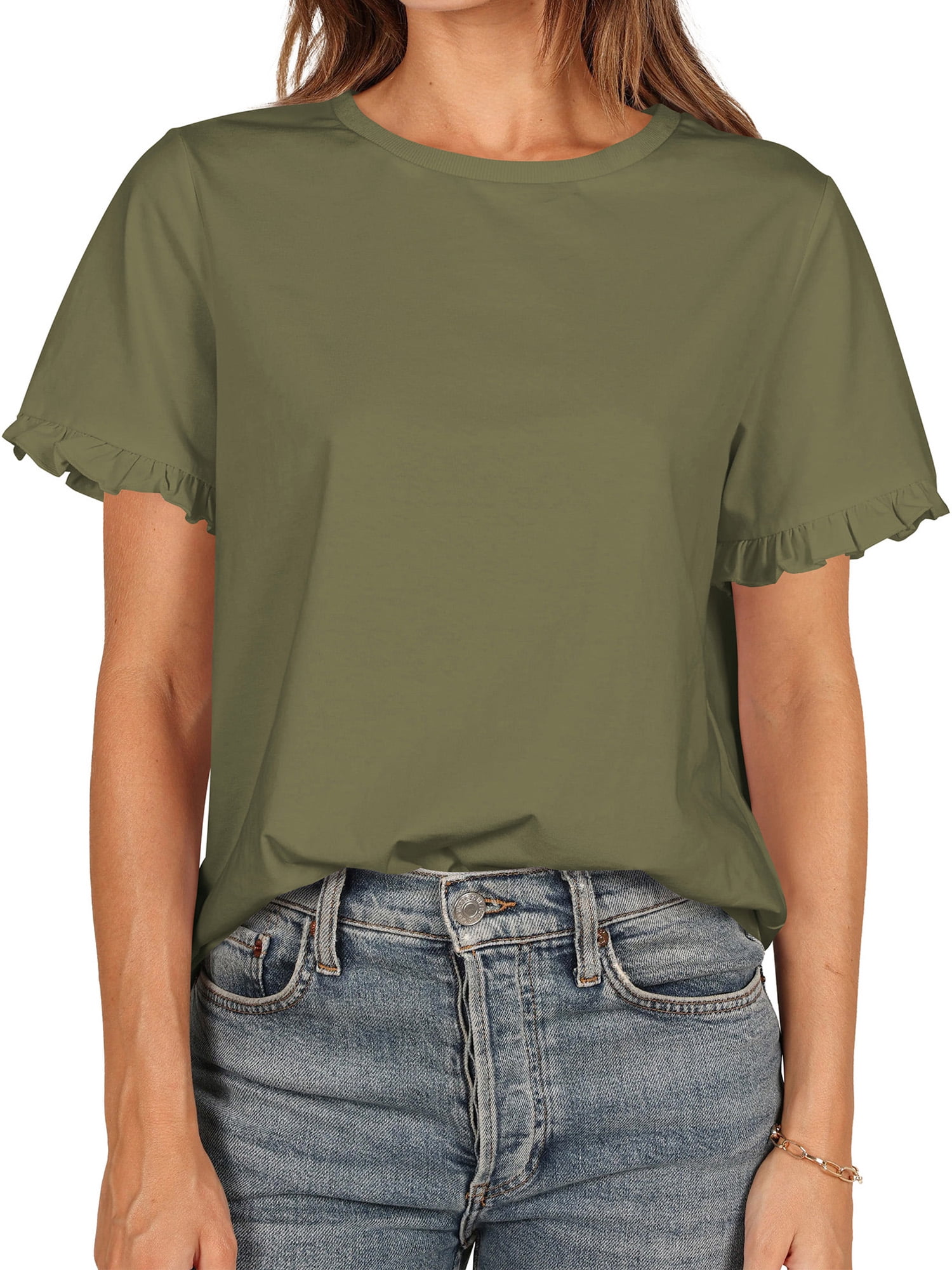 Liher Summer Tshirts for Women Crew Neck Ruffle Short Sleeve Basic Tops ...