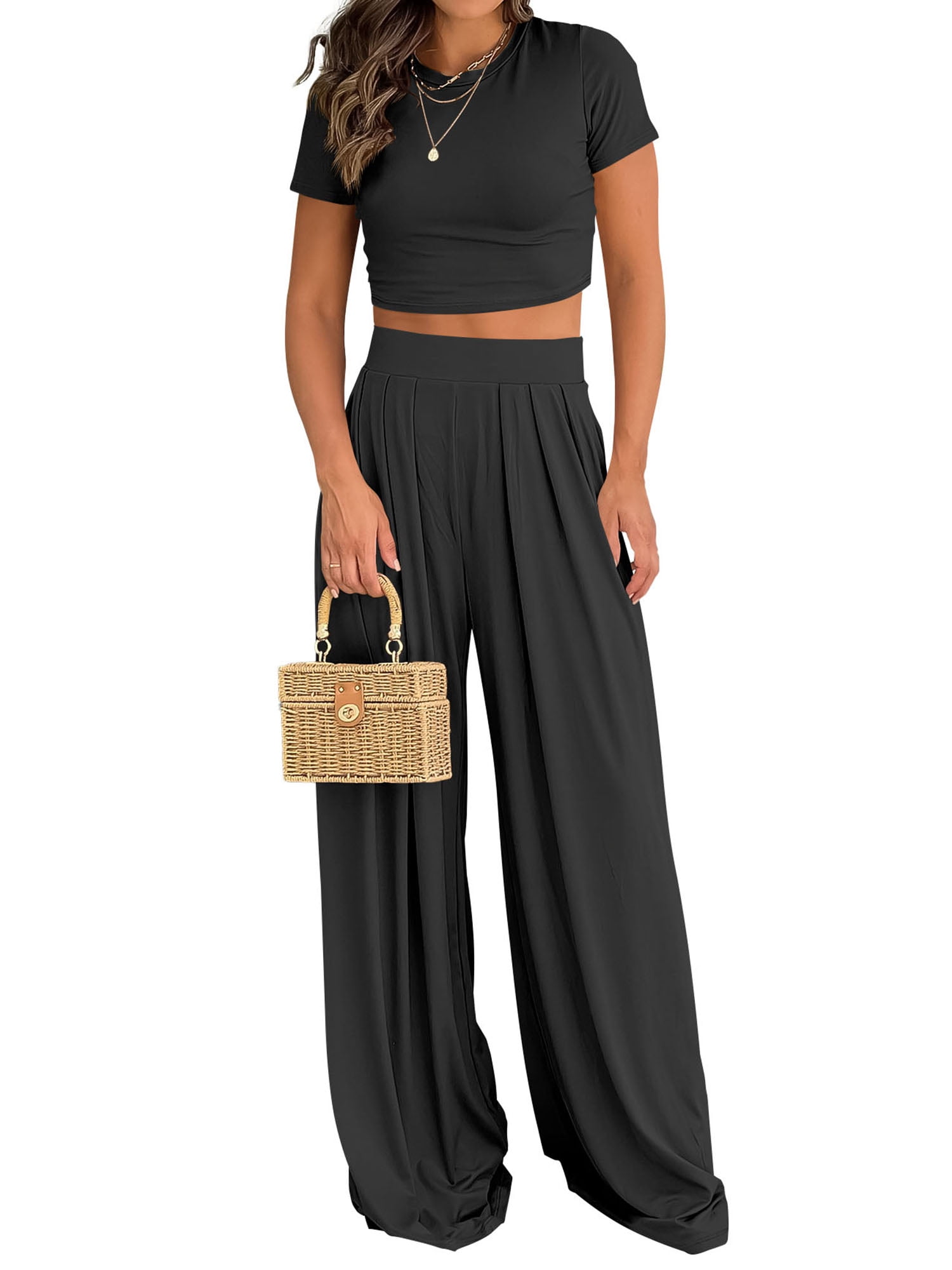 Liher Women 2 Piece Summer Outfits Black Casual Set Short Sleeve Crew Neck Basic Top & High ...