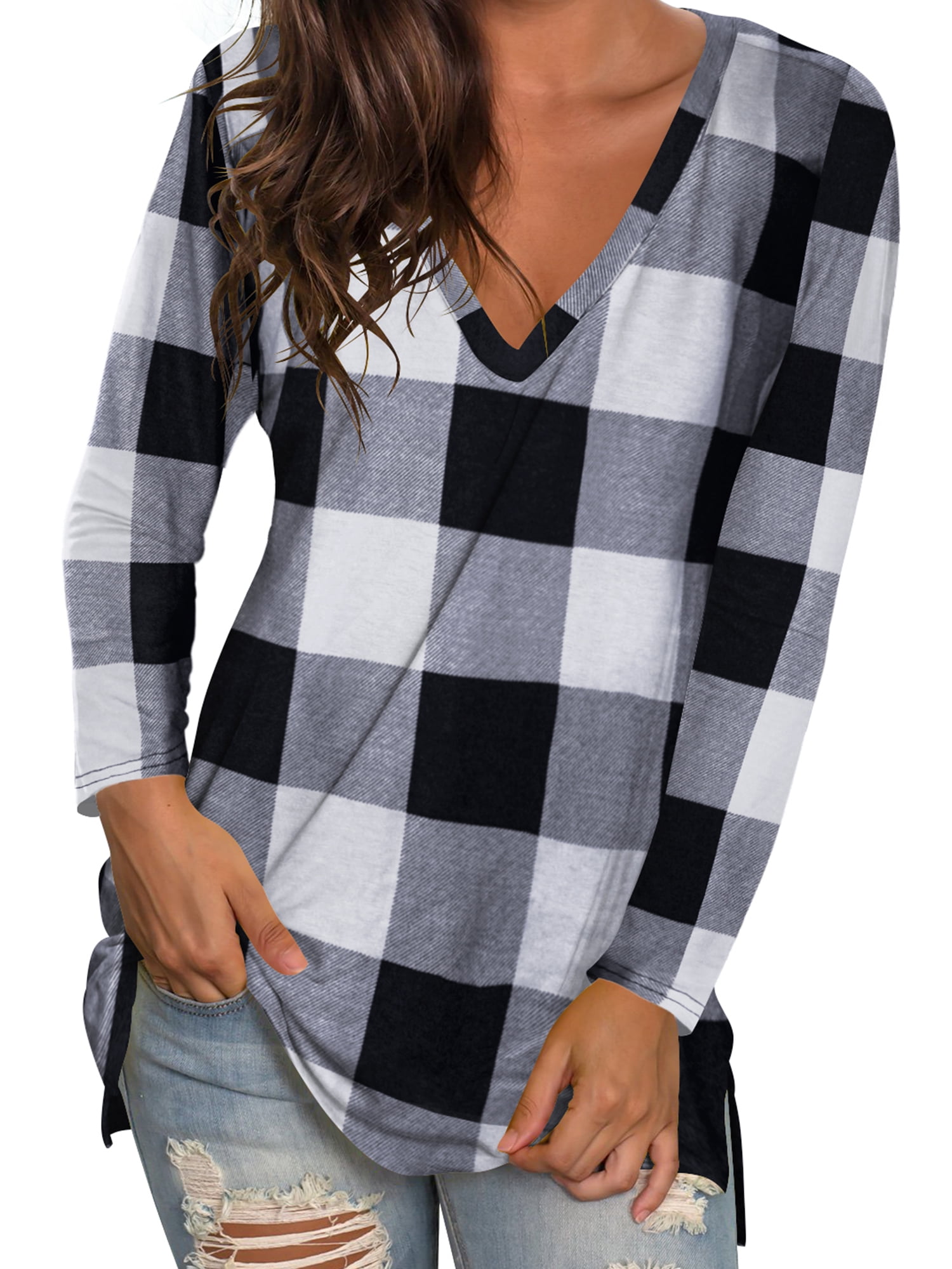 Liher Women Autumn Tops V Neck White Buffalo Plaid T Shirts Long Sleeve Fall Winter Christmas ...