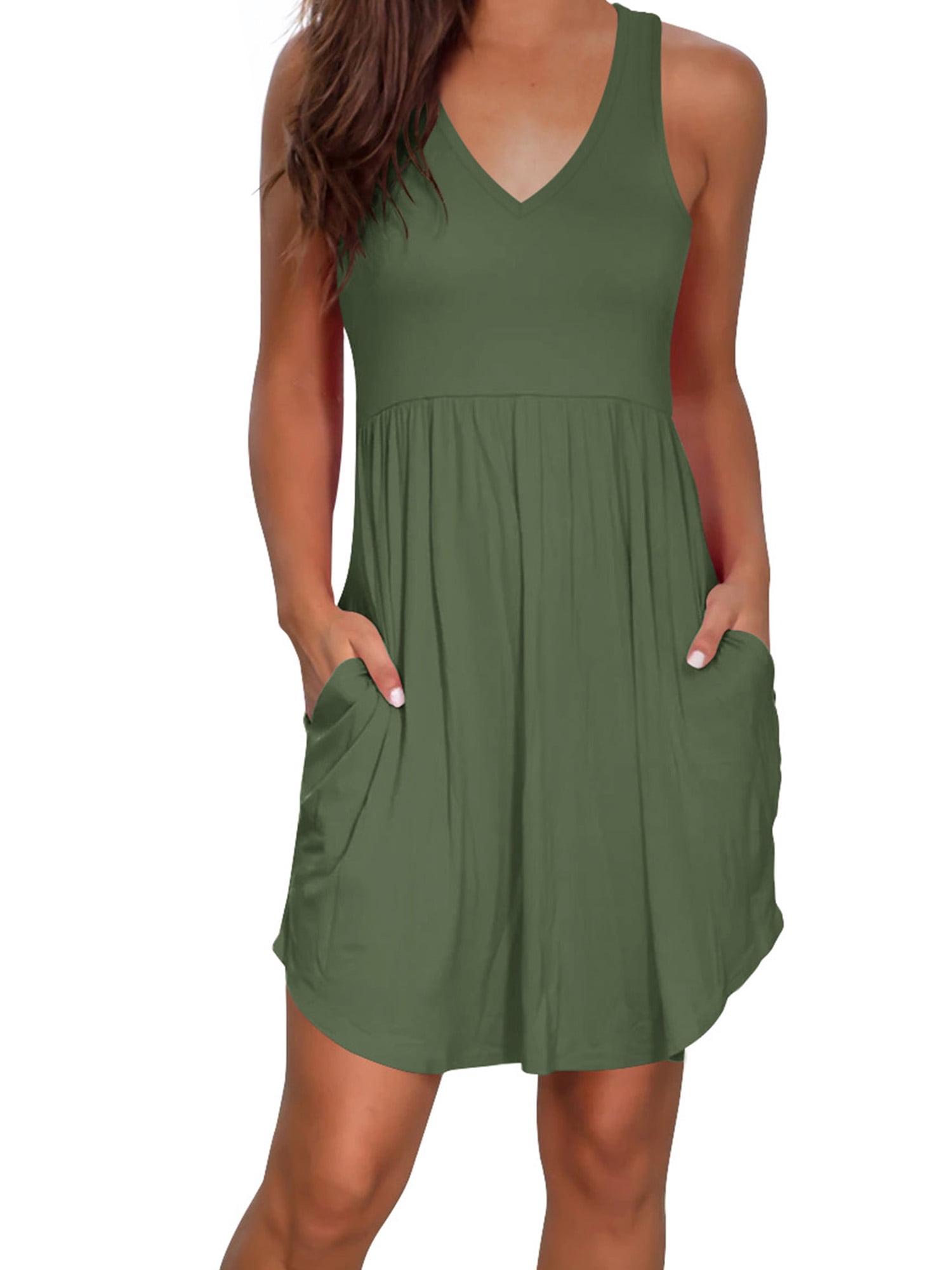 Liher Women Mini Dress Sleeveless V Neck Tank Sundress Plain Solid ...