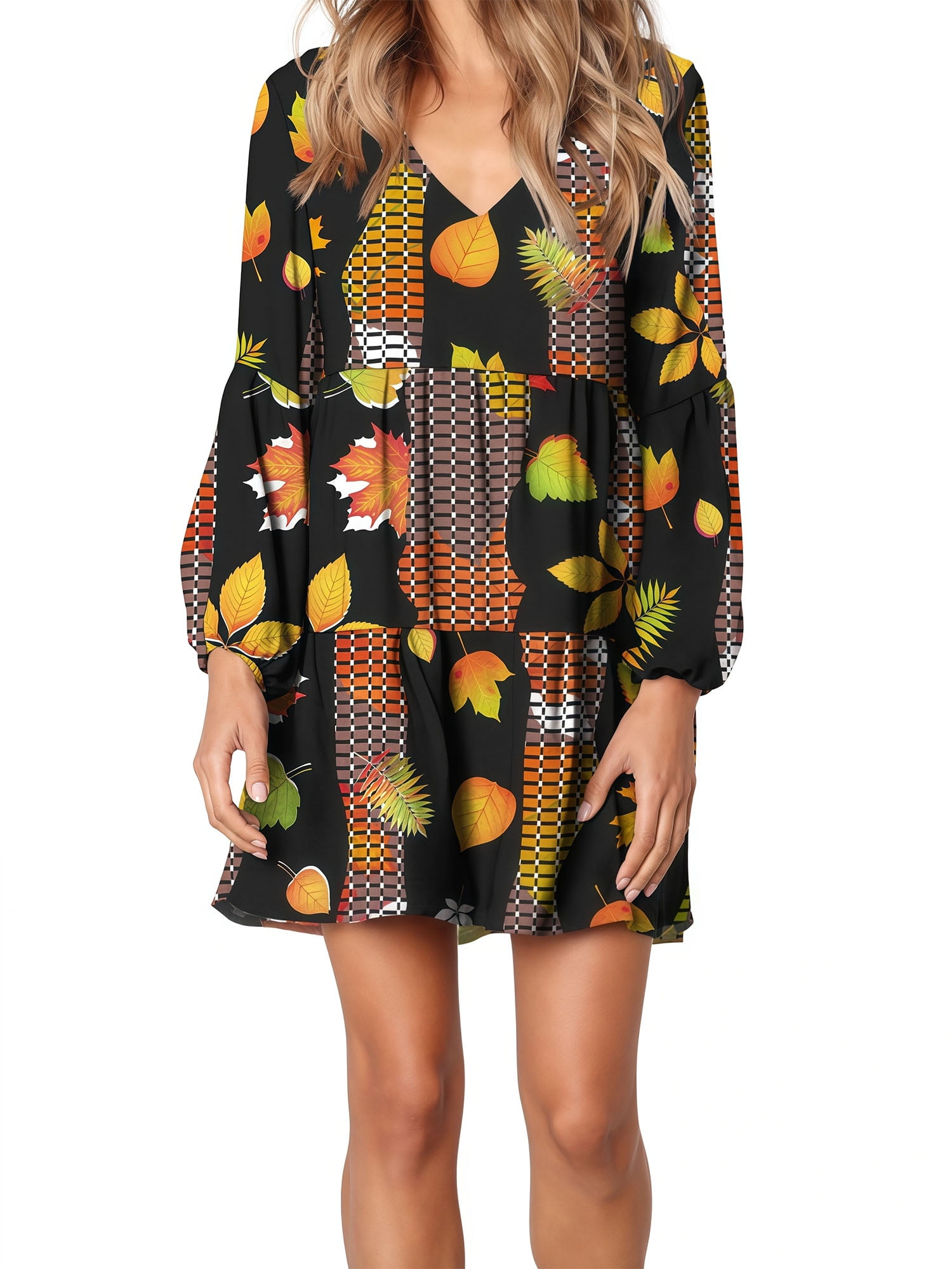 Liher Women Mini Dress Tiered Swing A-Line Floral Boho Vacations Fashion Dress Maple Leaf ...