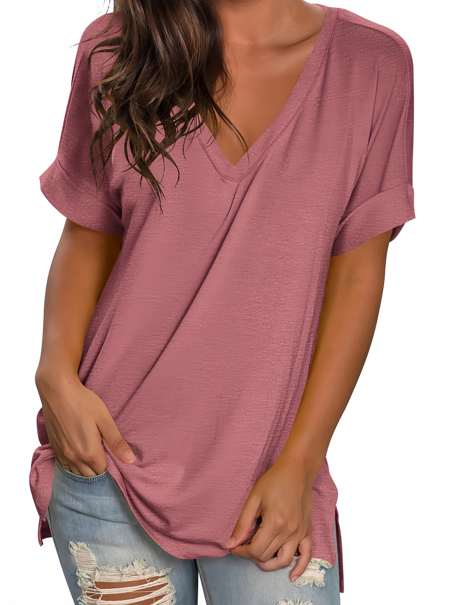 Liher Women Plain V Neck T-Shirt Casual Loose Tunic Tops Rolled Short Sleeve Side Split Hem ...