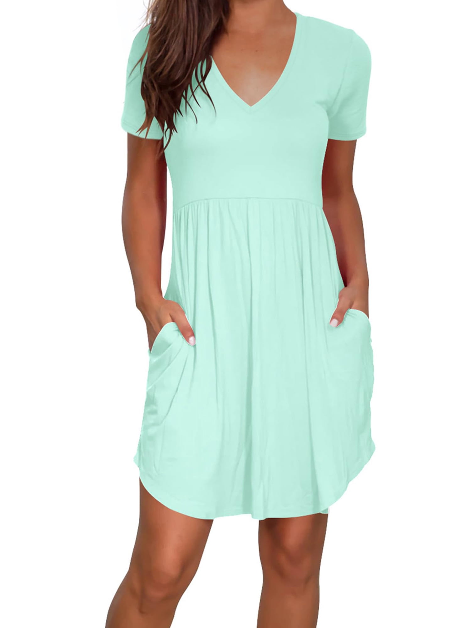 Liher Women V Neck Pocket Dress Short Sleeve Mini Summer Dress Lake ...