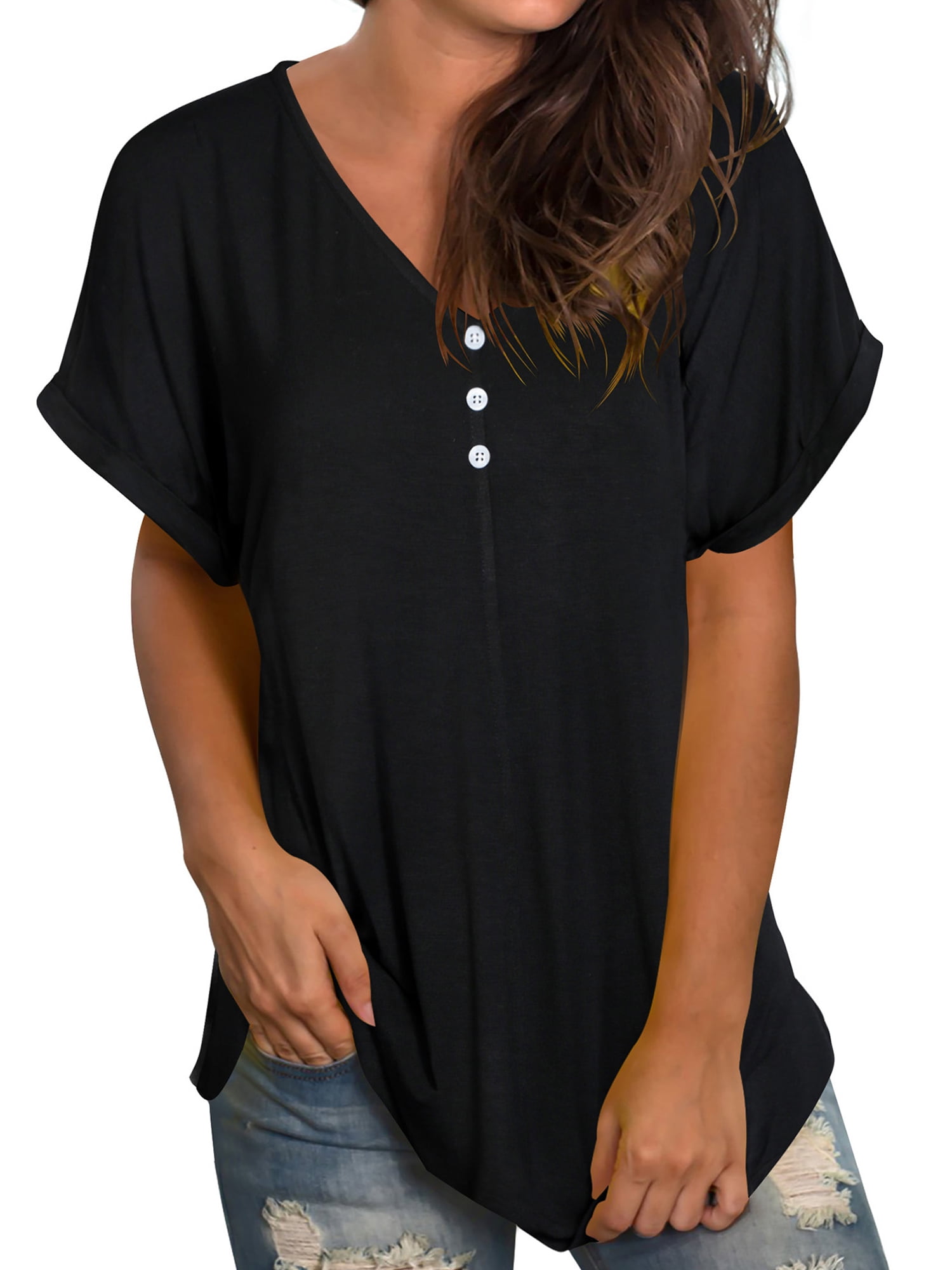 Liher Women Summer Tops Button V Neck Short Sleeve T-Shirts Plain Solid Blouse Tops Lounge Loose ...