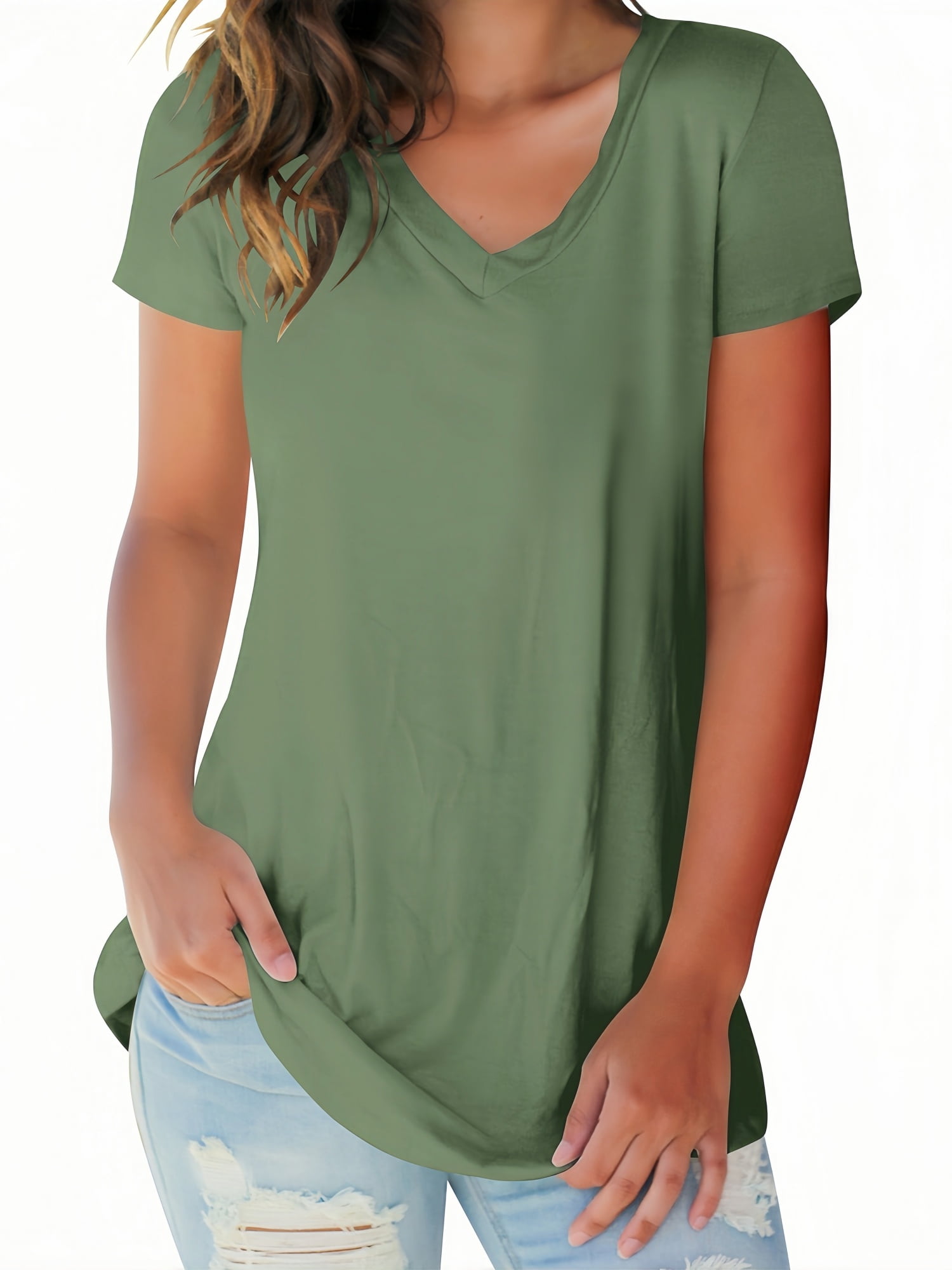 Liher Women Summer Tshirts Short Sleeve V-Neck Basic Tops Plain Solid ...