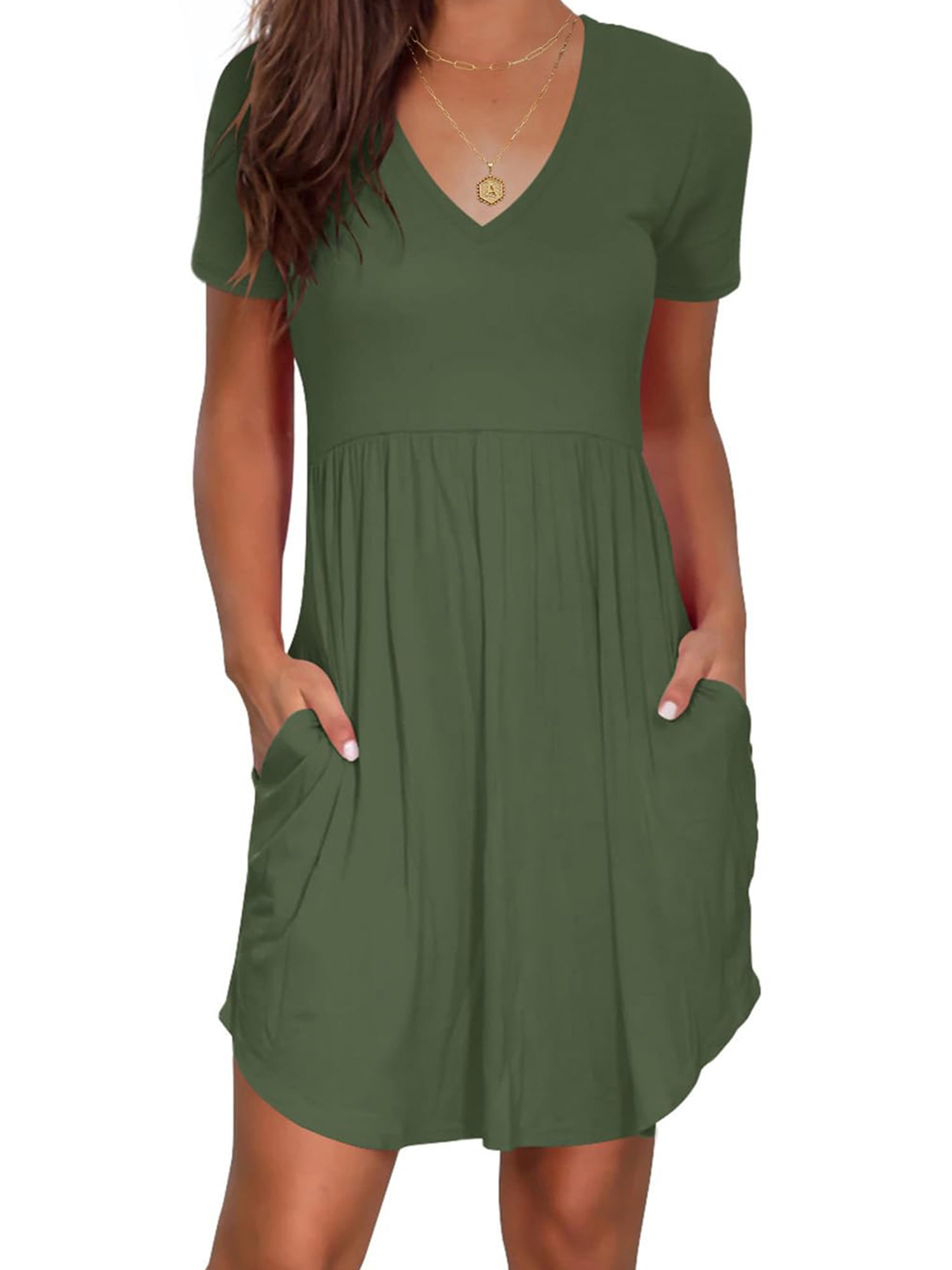Liher Dress for Women Casual Loose Sundres Army Green Short Sleeve V ...