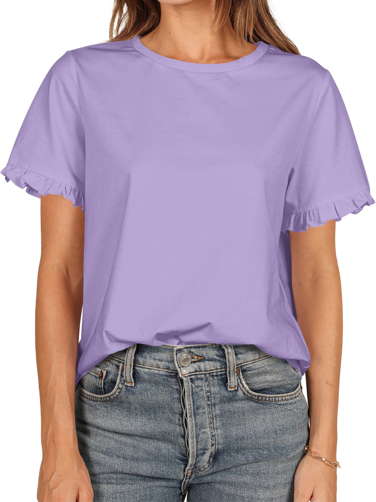 Liher Women T Shirts Casual Cute Ruffle Short Sleeve Top Summer Round Neck Soft Solid Basic Tee ...
