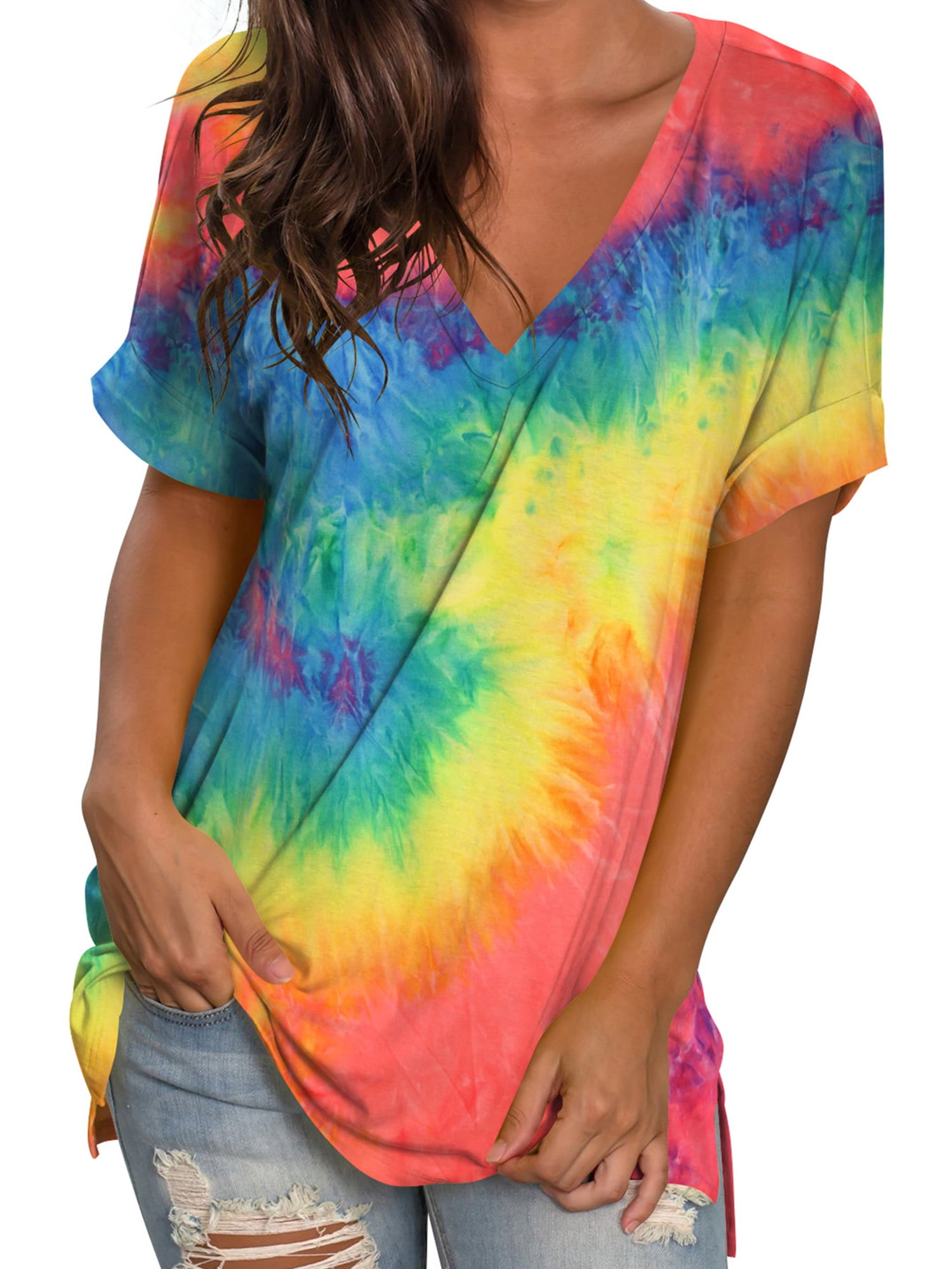 Liher Women Tie Dye V Neck T Shirts, Casual Loose Summer Tops, Rolled Short Sleeve Tunic, XL ...