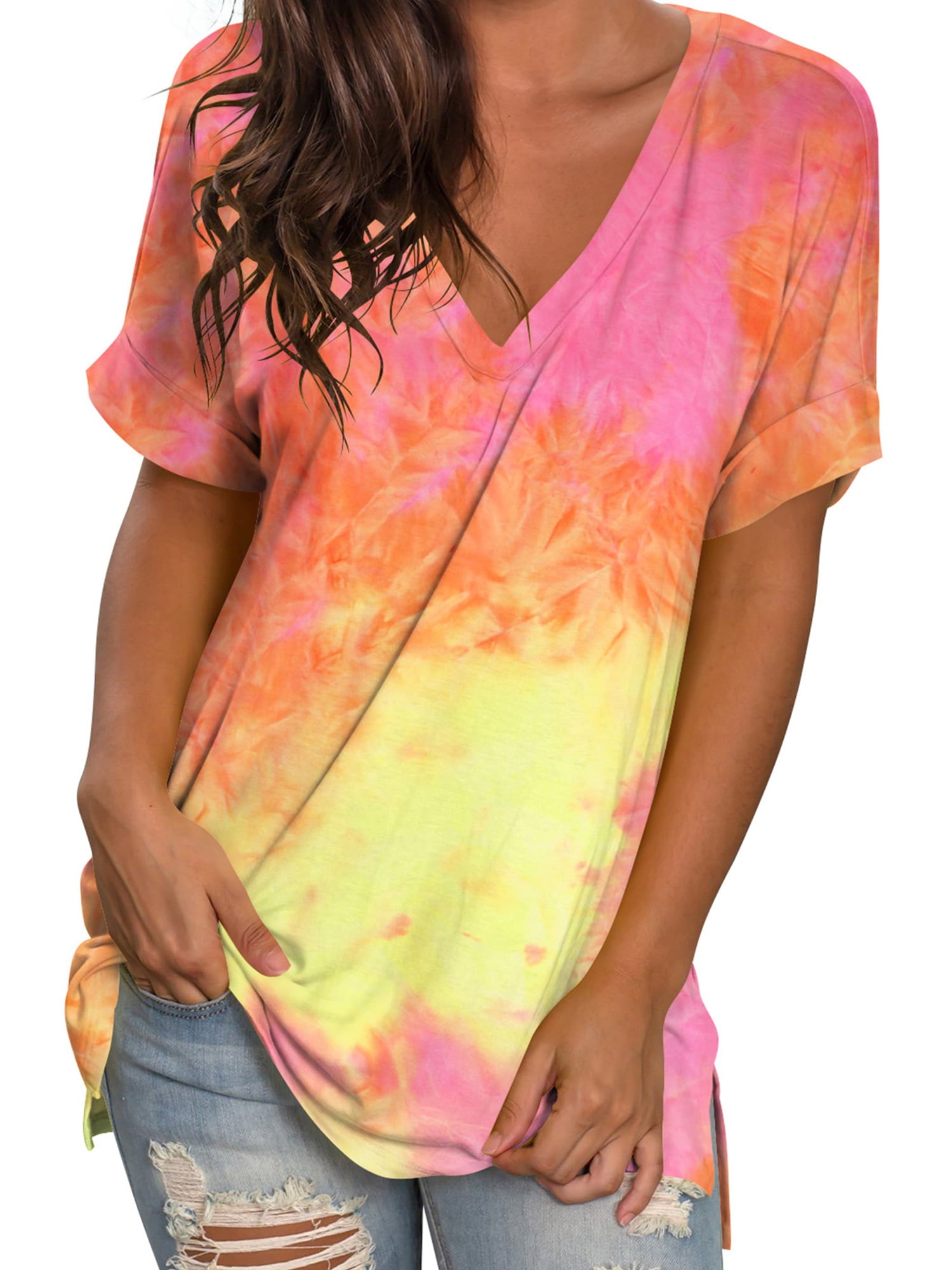 Liher Women Tie Dye V-Neck T-Shirts Casual Loose Summer Tops Roll Short Sleeve Tunic Blouse Tee ...