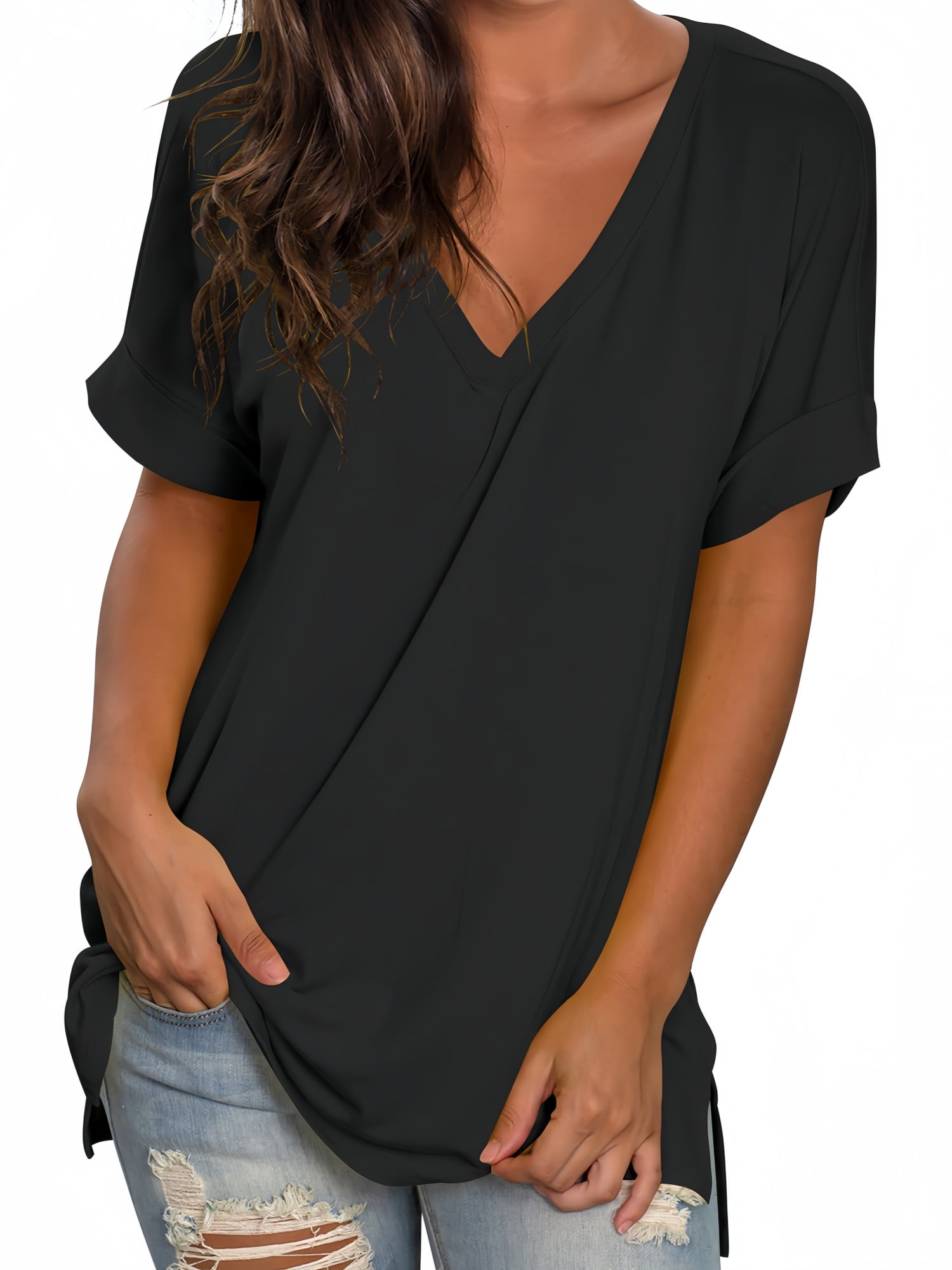 Liher Women V Neck Basic T-Shirt Plain Solid Color Summer Tops Rolled ...