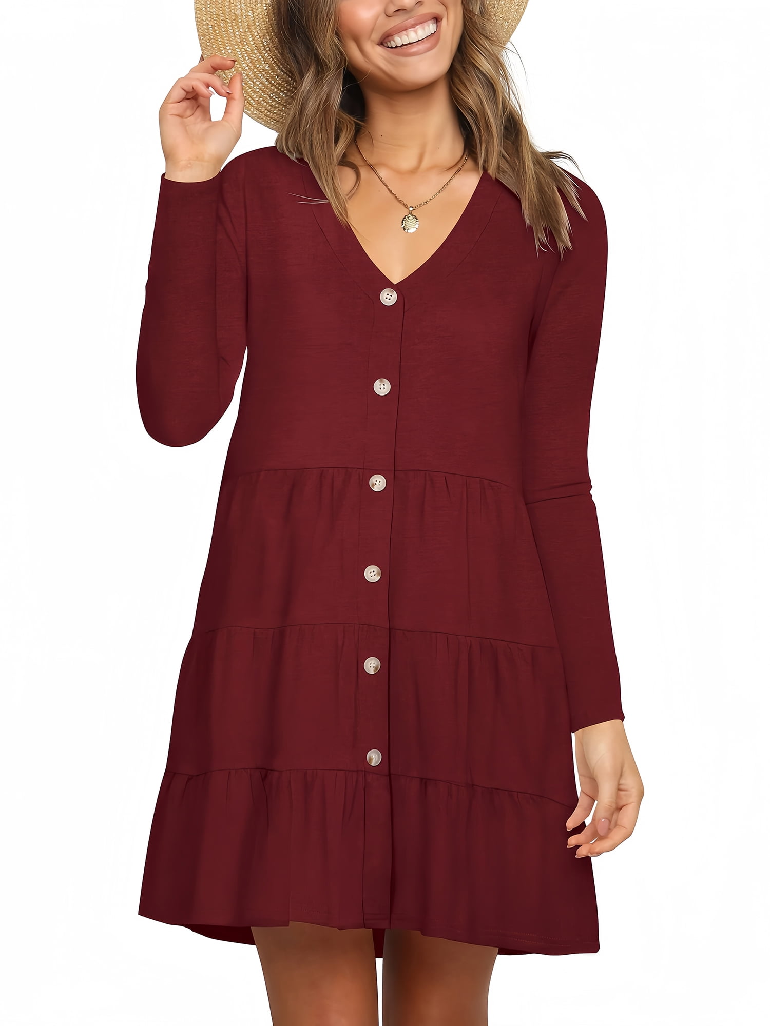 Liher Autumn Dress for Women Casual Loose Solid Color T Shirts Dress Wine Red Short Mini Dress ...