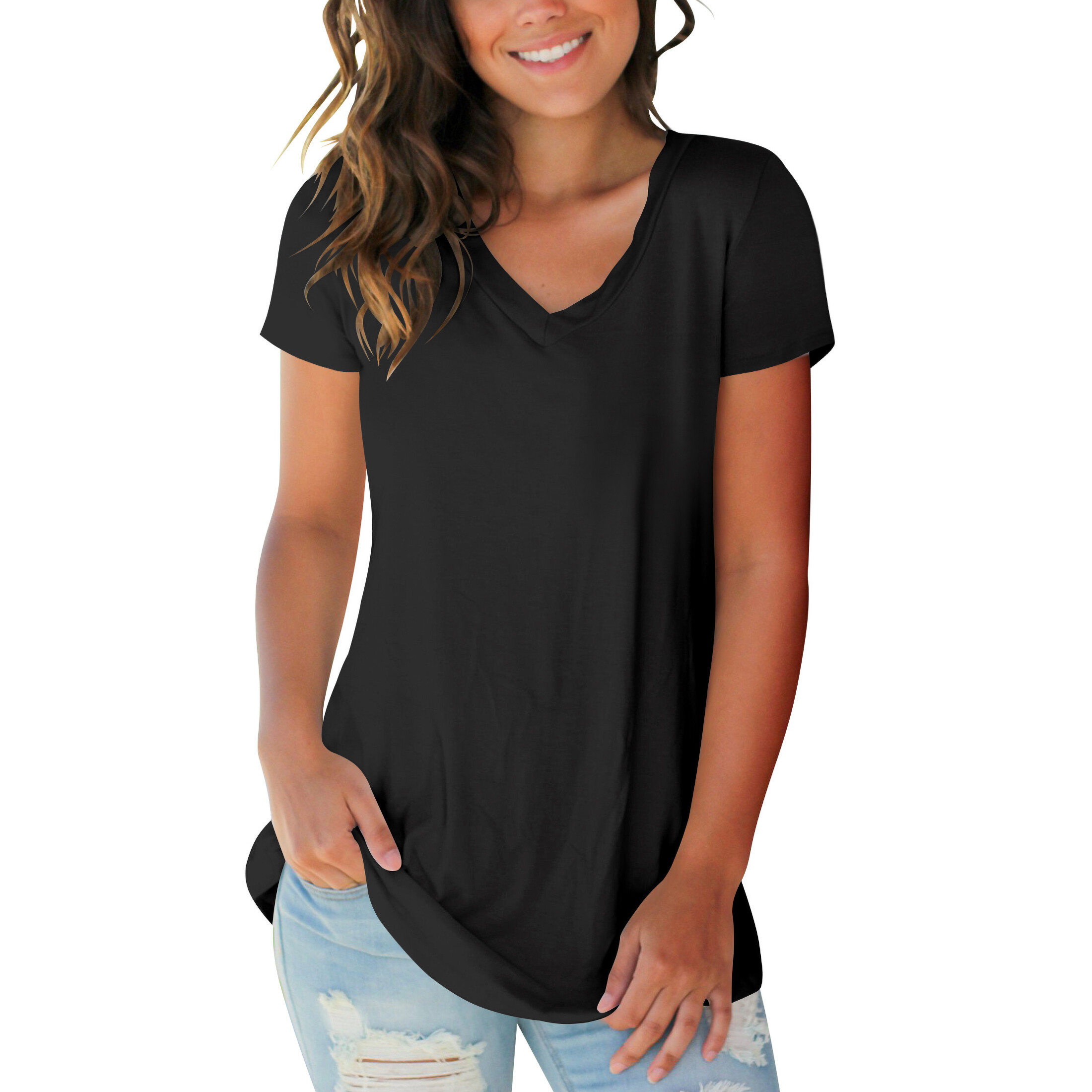 Women Casual Basic Cotton Loose Fit V-Neck Long Sleeve T-Shirt Top - Walmart.com