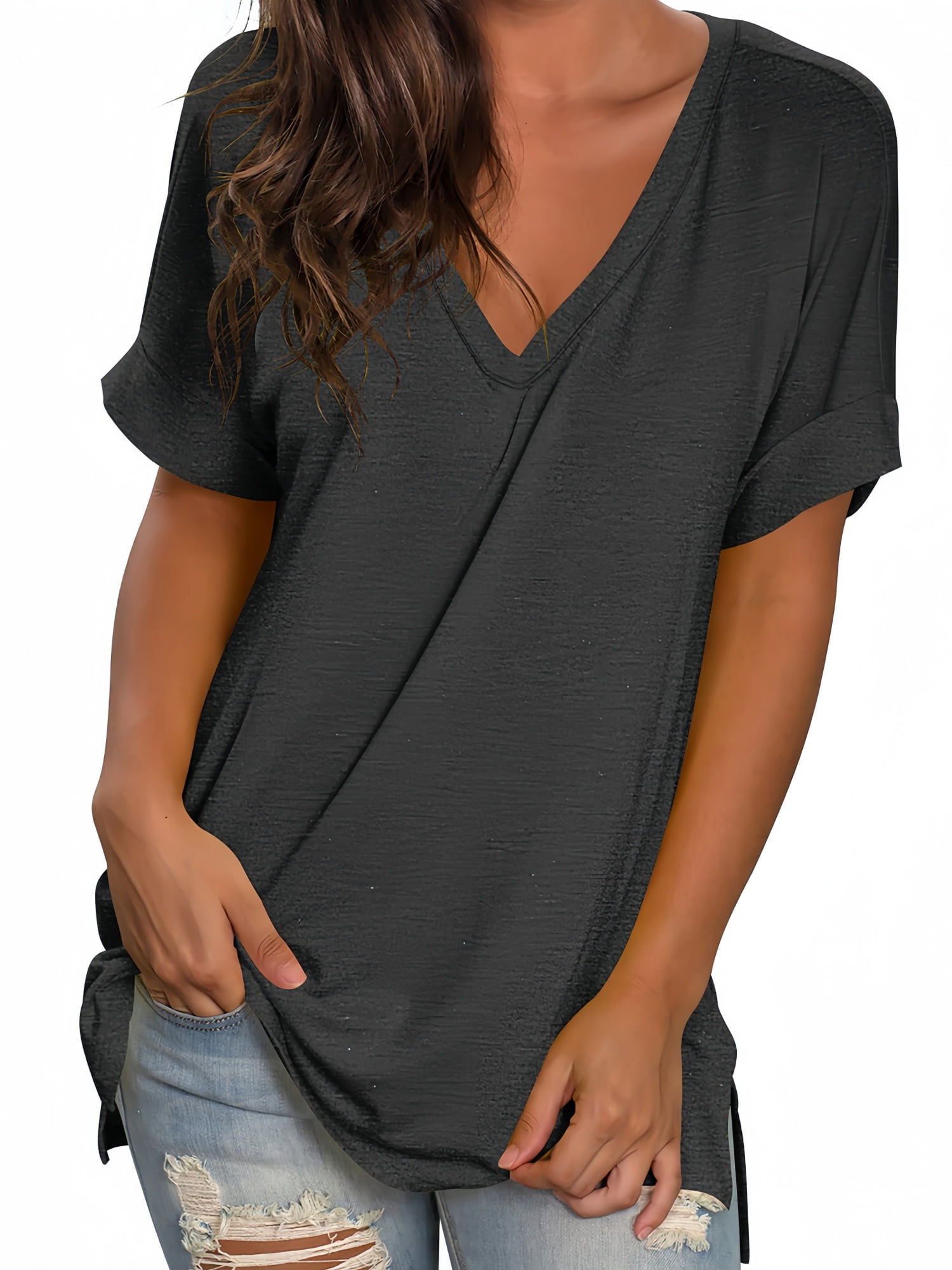 Liher Women Solid V Neck T-Shirt Casual Loose Fit Summer Tops Rolled Short Sleeve Tunic Tee ...