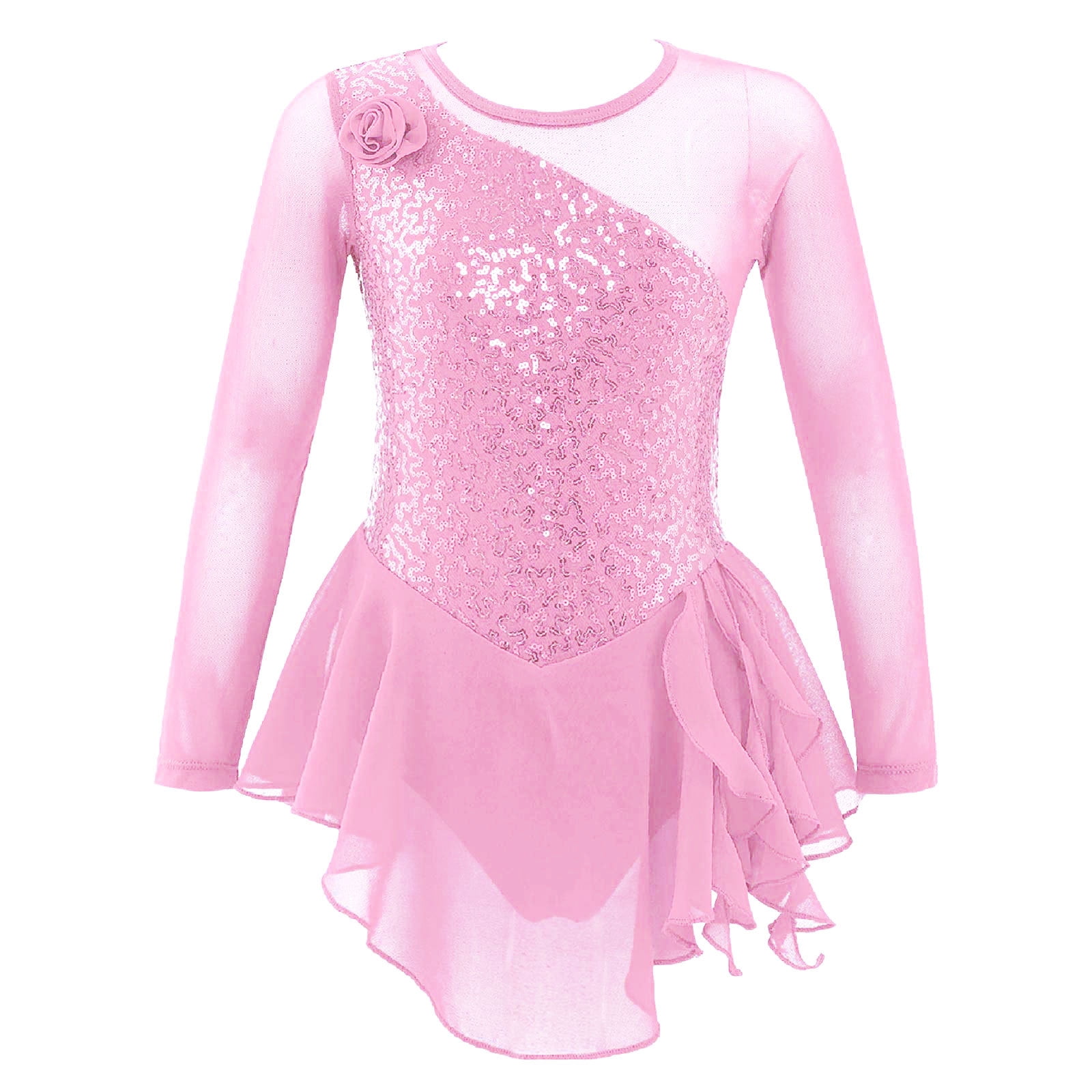 LiiYii Girls Shiny Mock Neck Mesh Spliced Figure Ice Skating Dress ...