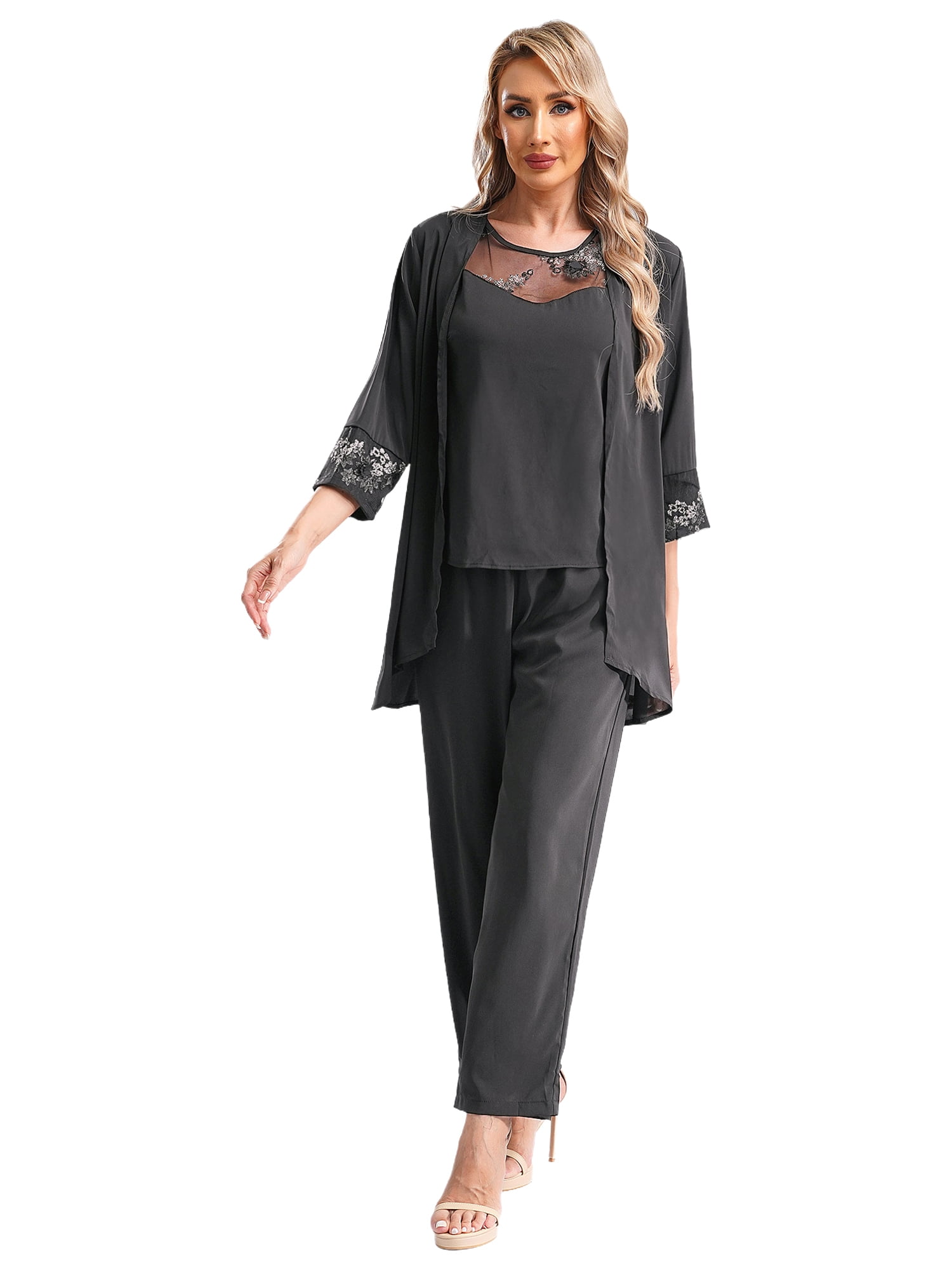 LiiYii Women 3 Piece Chiffon Pant Suits Plus Size Mother of The Bride ...