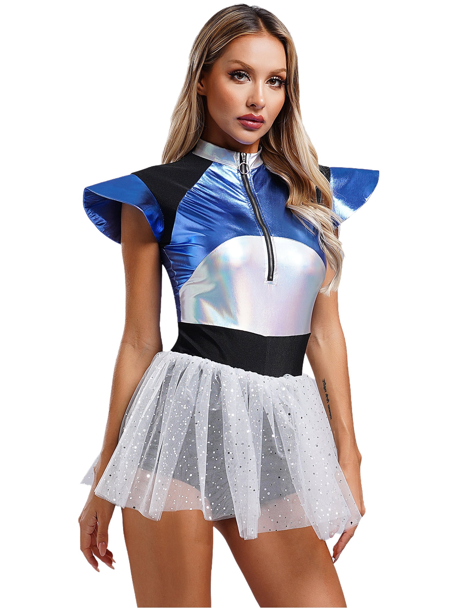 LiiYii Women Space Alien Astronauts Tulle Dress Alien Metallic Shiny ...