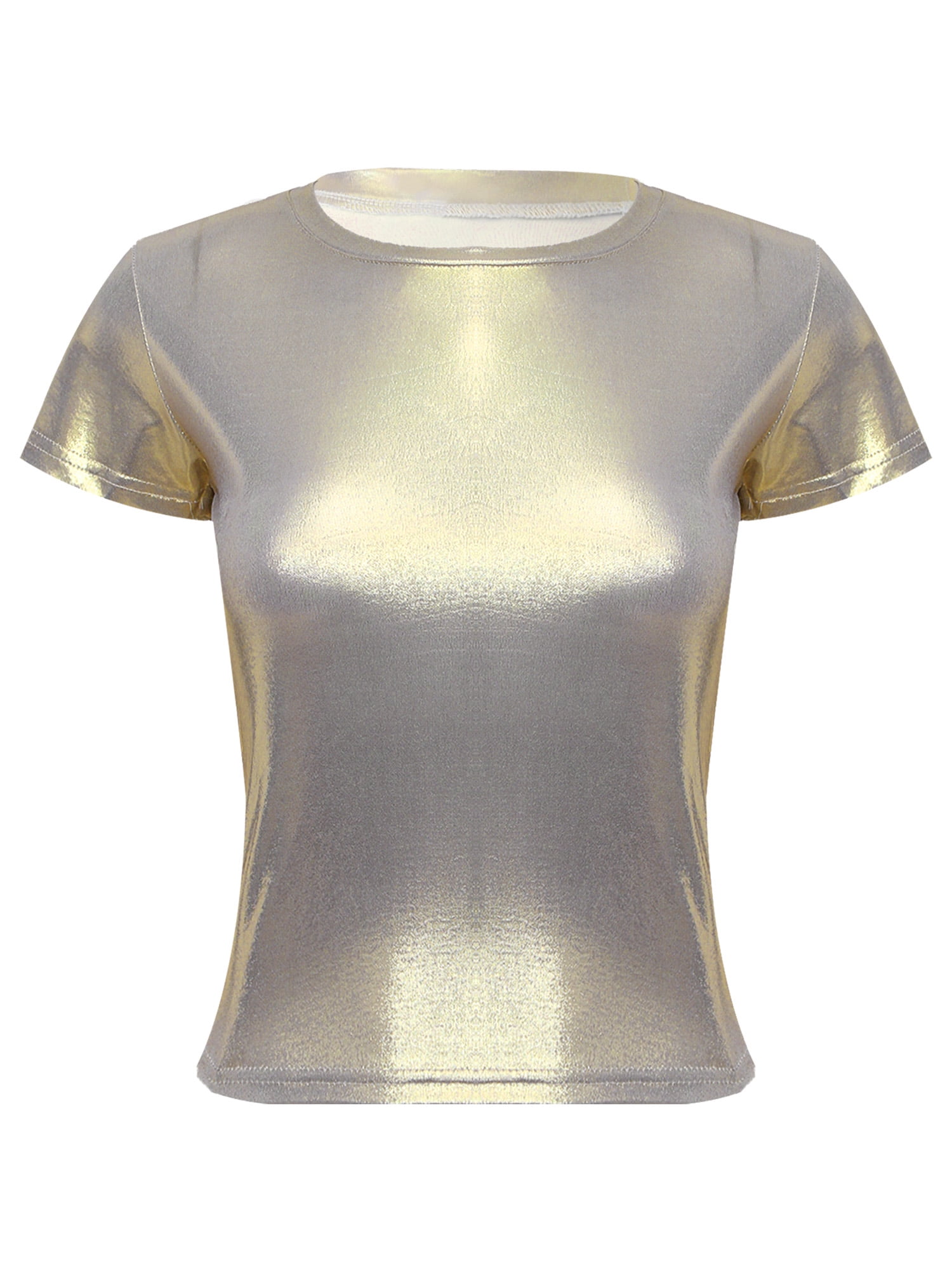 LiiYii Women's Party Metallic Glossy Solid Color T-Shirt Short Sleeve ...