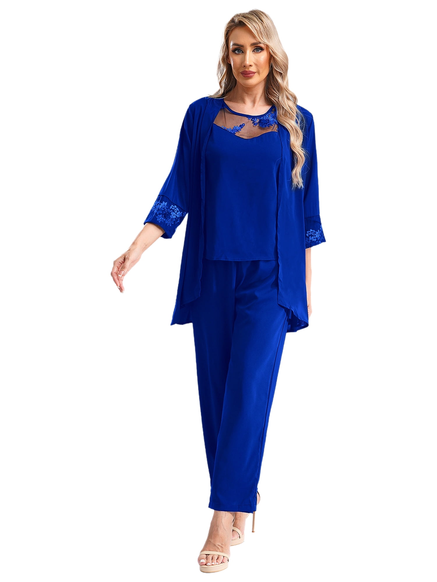 LiiYii Womens 3 Piece Chiffon Lace Pant Suits Mother of The Bride ...