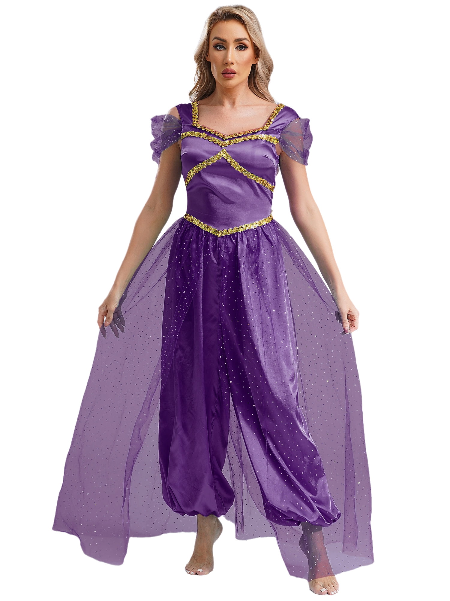 LiiYii Womens Belly Dance Outft Jumpsuits Sequin Mesh Overlay One-Piece ...