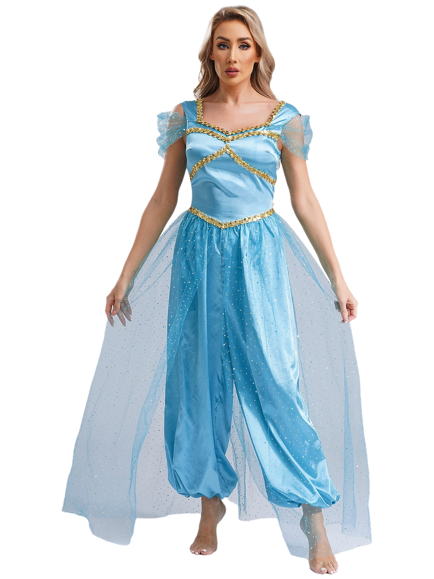 LiiYii Womens Belly Dance Outft Jumpsuits Sequin Mesh Overlay One-Piece ...