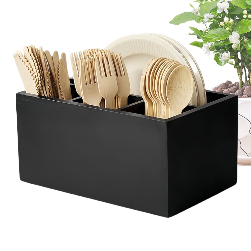 Liilaimic Silverware Caddy for Party Wooden Cutlery Caddy 4-Grid ...