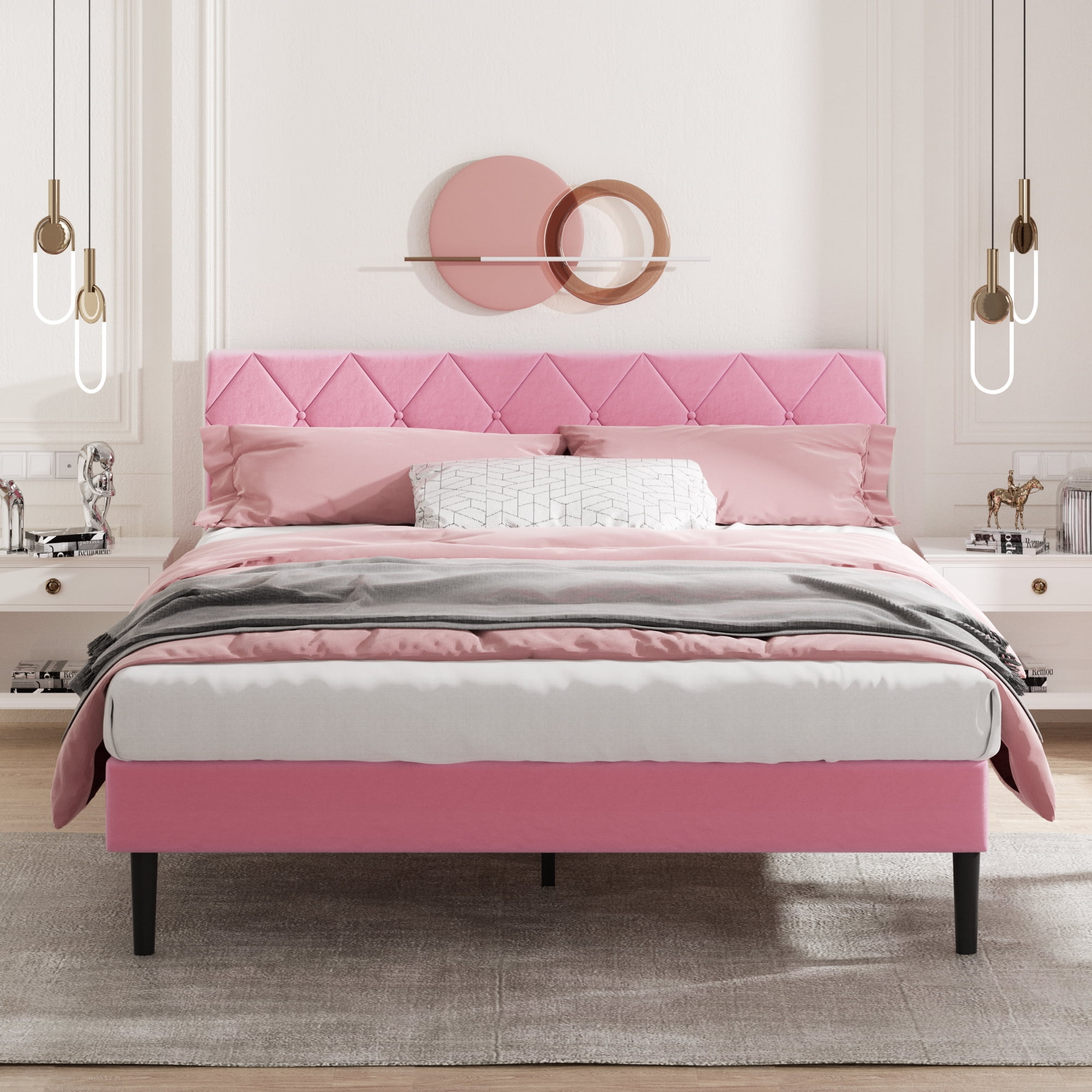 Lijimei Queen Size Bed Frame , Upholstered Headboard,with Durable Wood ...