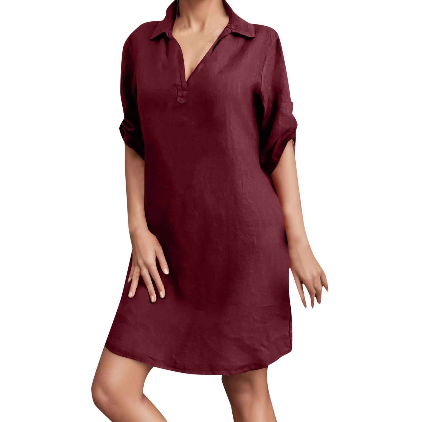 Likimi Women Shirt Dress V Neck Solid Color Short Sleeve Casual ...
