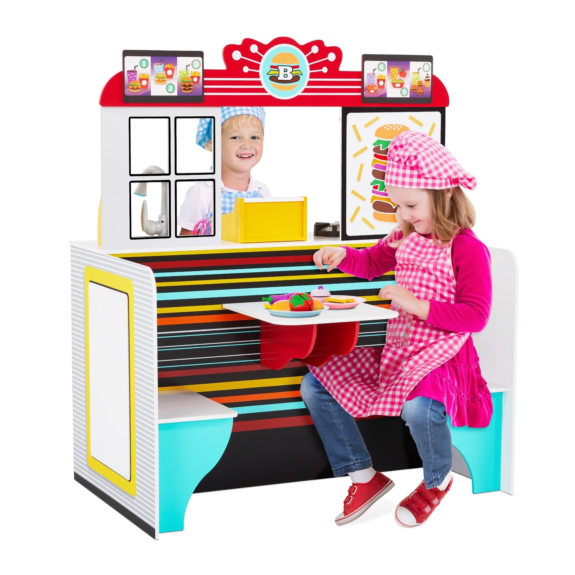 Lil' Jumbl Kids Play Kitchen Set with Cash Register - Wooden Restaurant ...