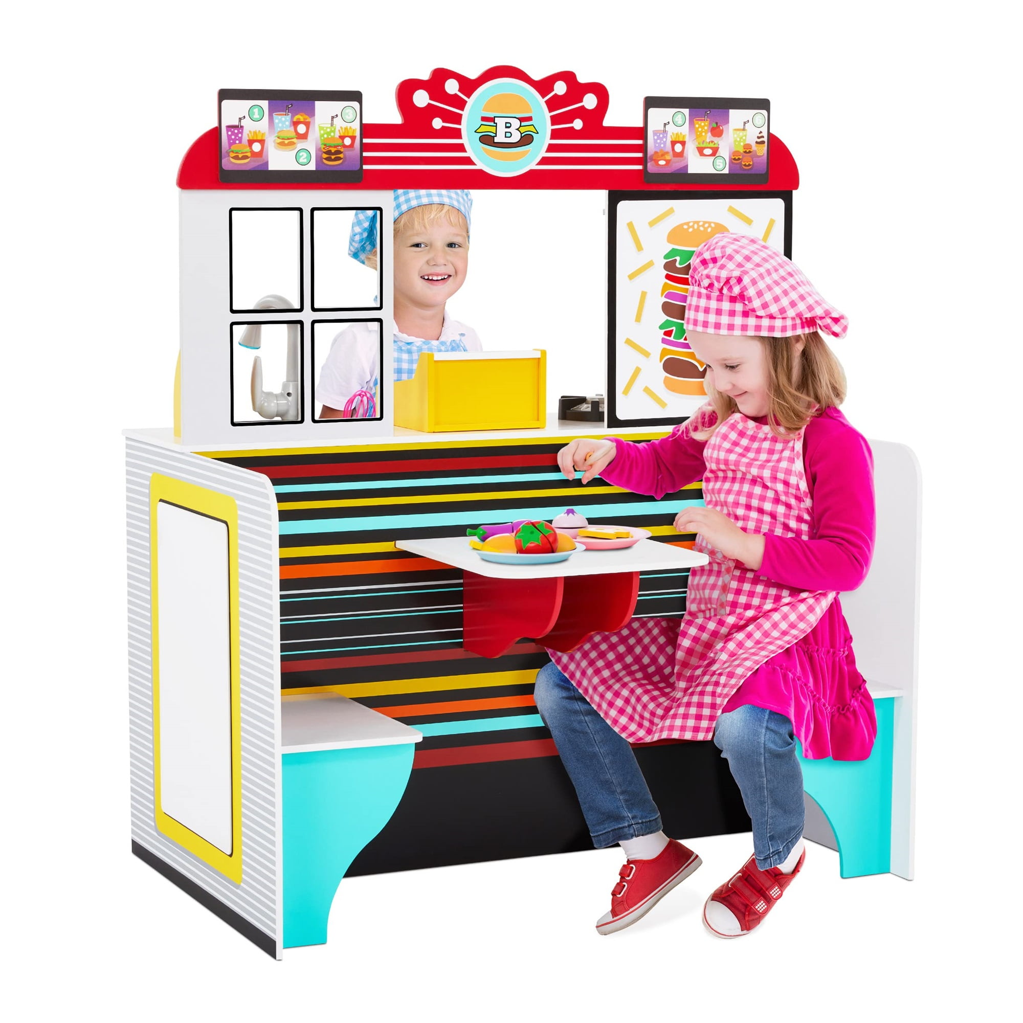 Lil’ Jumbl Double-Sided Restaurant Pretend Play Set, Wooden Diner Set ...