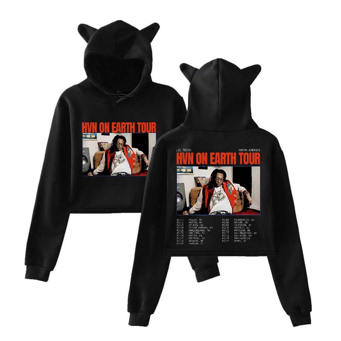 Lil Tecca Cat Ear Hoodies Hvn On Earth Tour 2024 Short Sweatshirts Hip ...
