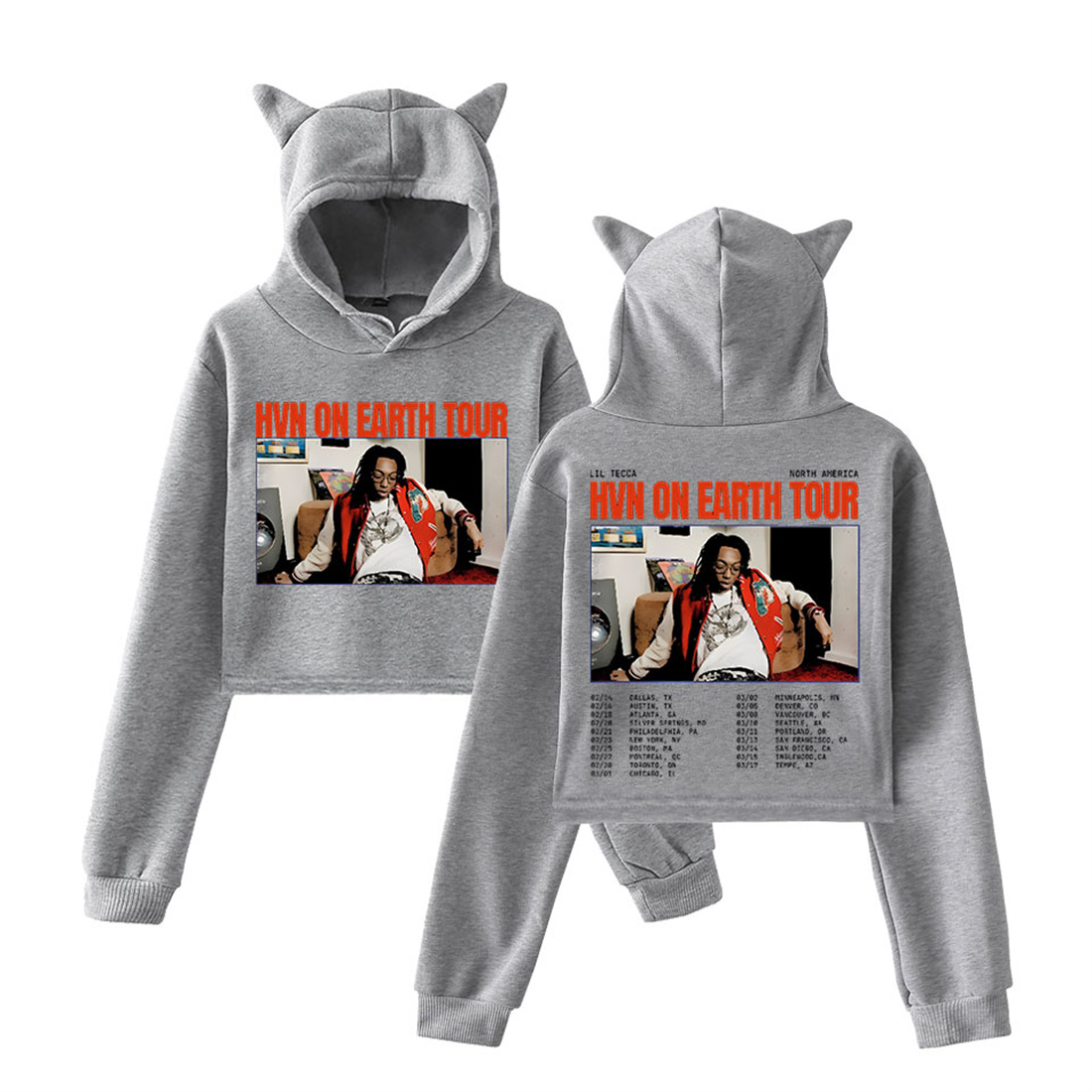 Lil Tecca Cat Ear Hoodies Hvn On Earth Tour 2024 Short Sweatshirts Hip ...
