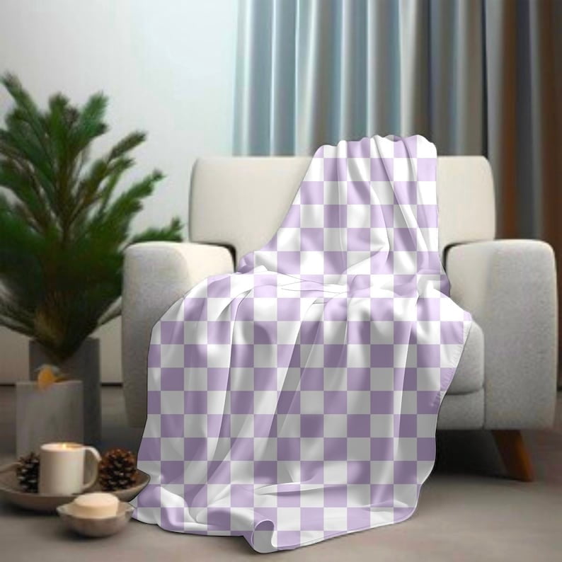 Lilac Checkered Plush Blanket Soft Light Purple Checkered Pattern Throw ...