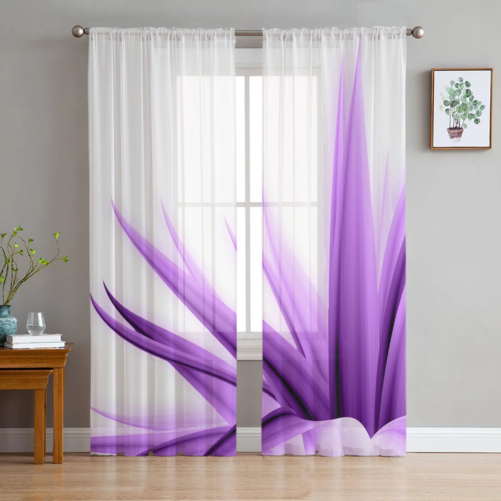 Lilac Flowers Abstract Desktop Art Chiffon Sheer Curtains for Living ...