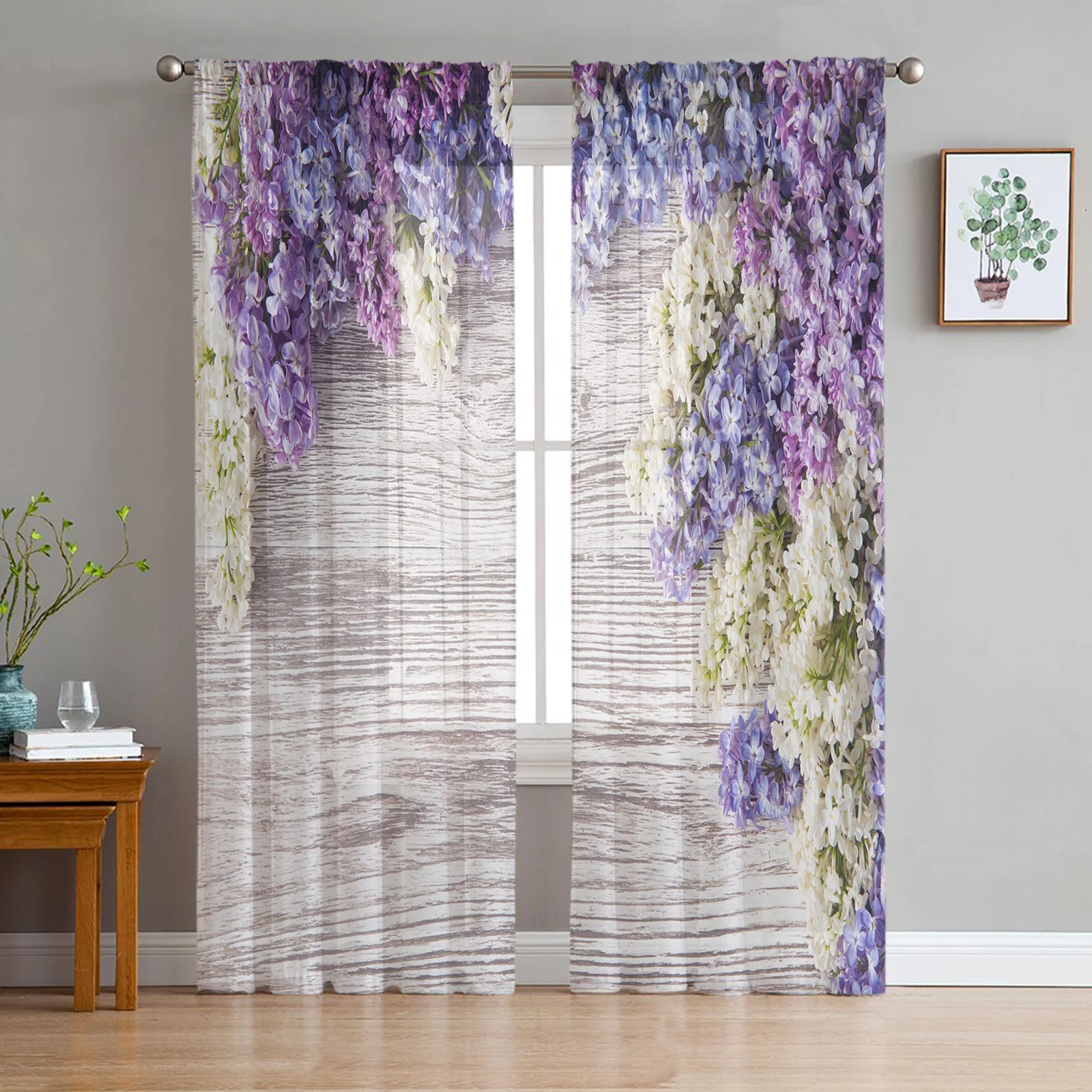 Lilac Flowers Abstract Desktop Art Chiffon Sheer Curtains for Living ...