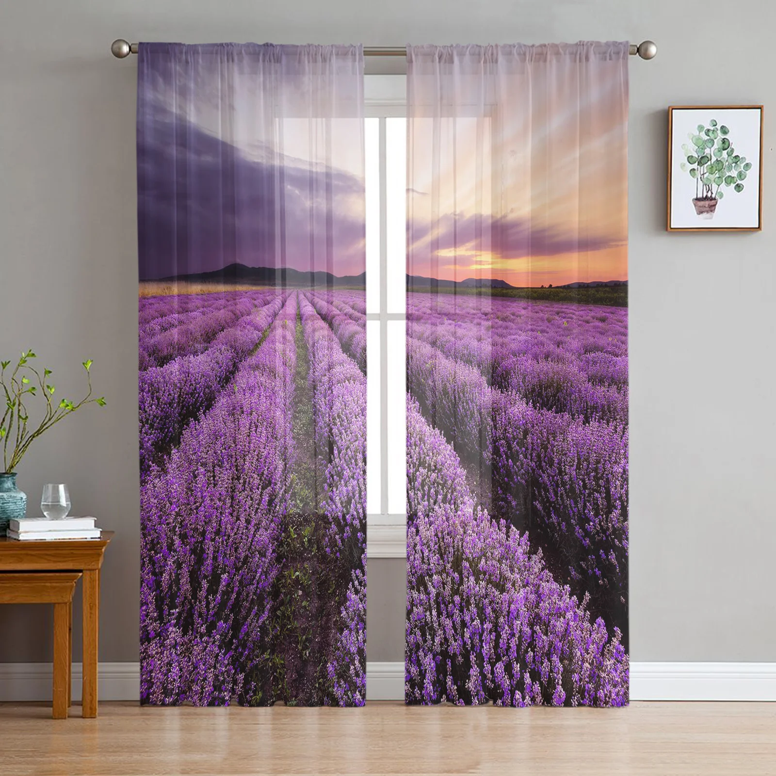 Lilac Flowers Abstract Desktop Art Chiffon Sheer Curtains for Living ...