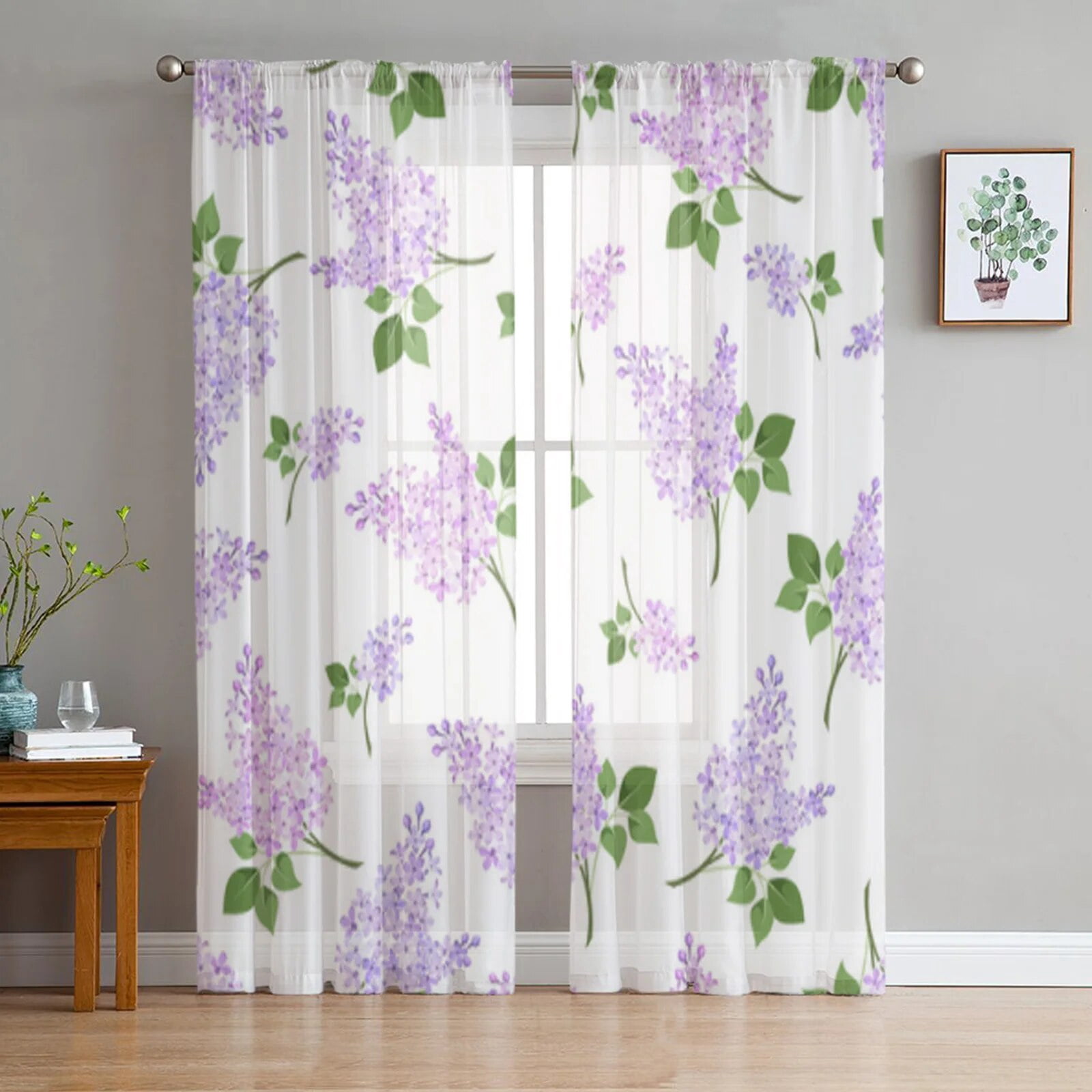 Lilac Flowers Illustration Tulle Sheer Window Curtains for Living Room ...