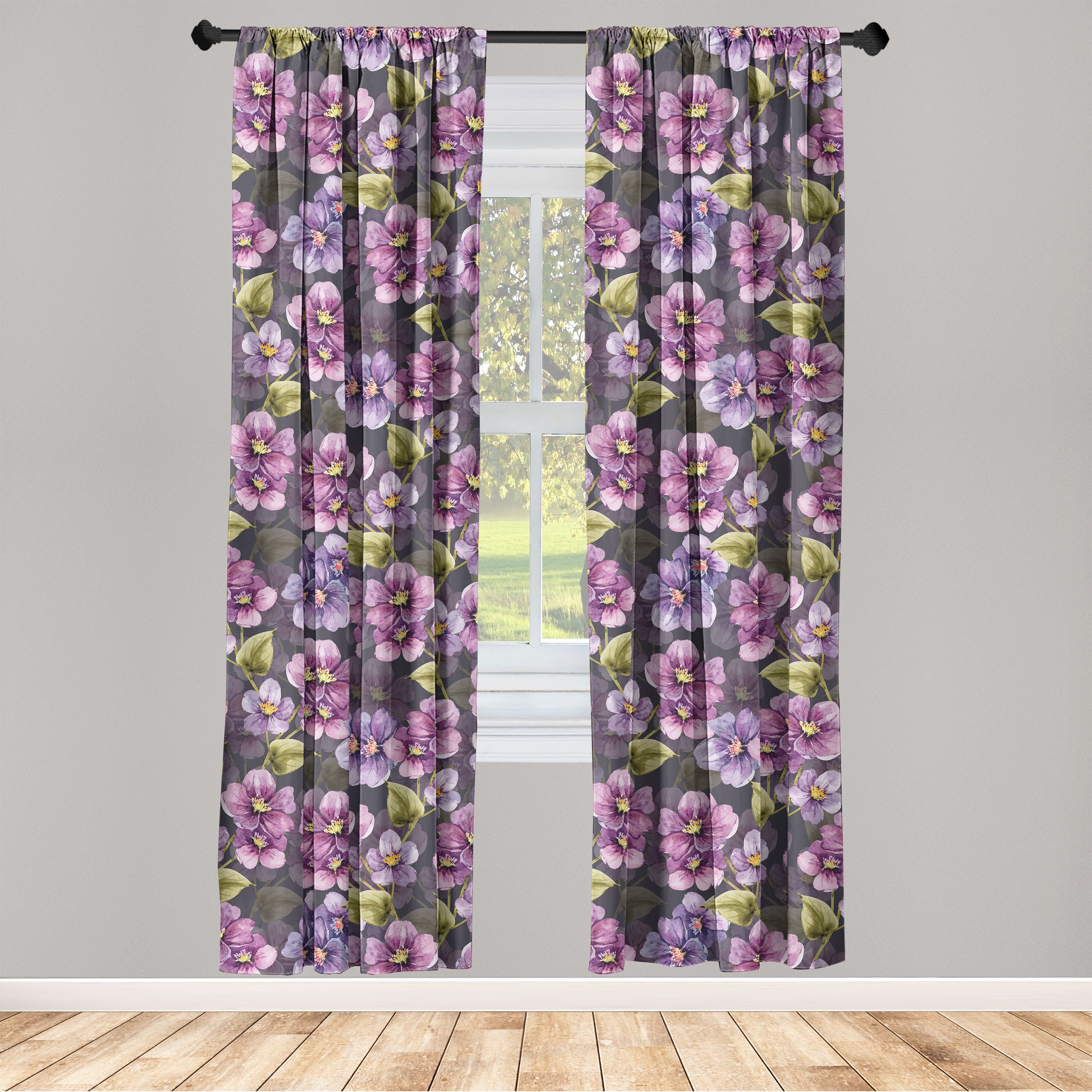 Lilac Flowers Window Curtains, Nostalgic Effect Artwork of Delicate ...
