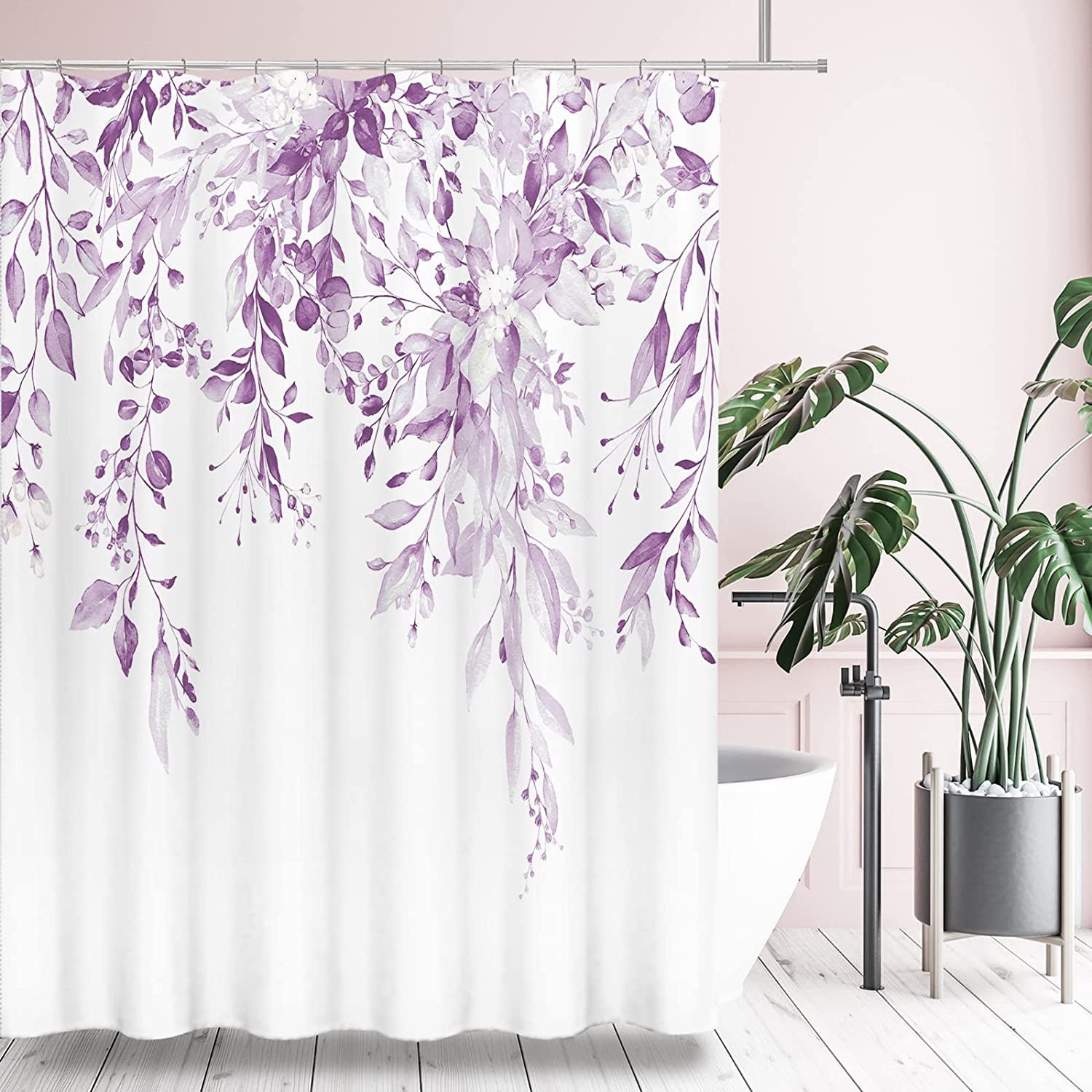 Lilac Light Purple Eucalyptus Shower Curtain Sets, Watercolor Leaves on ...