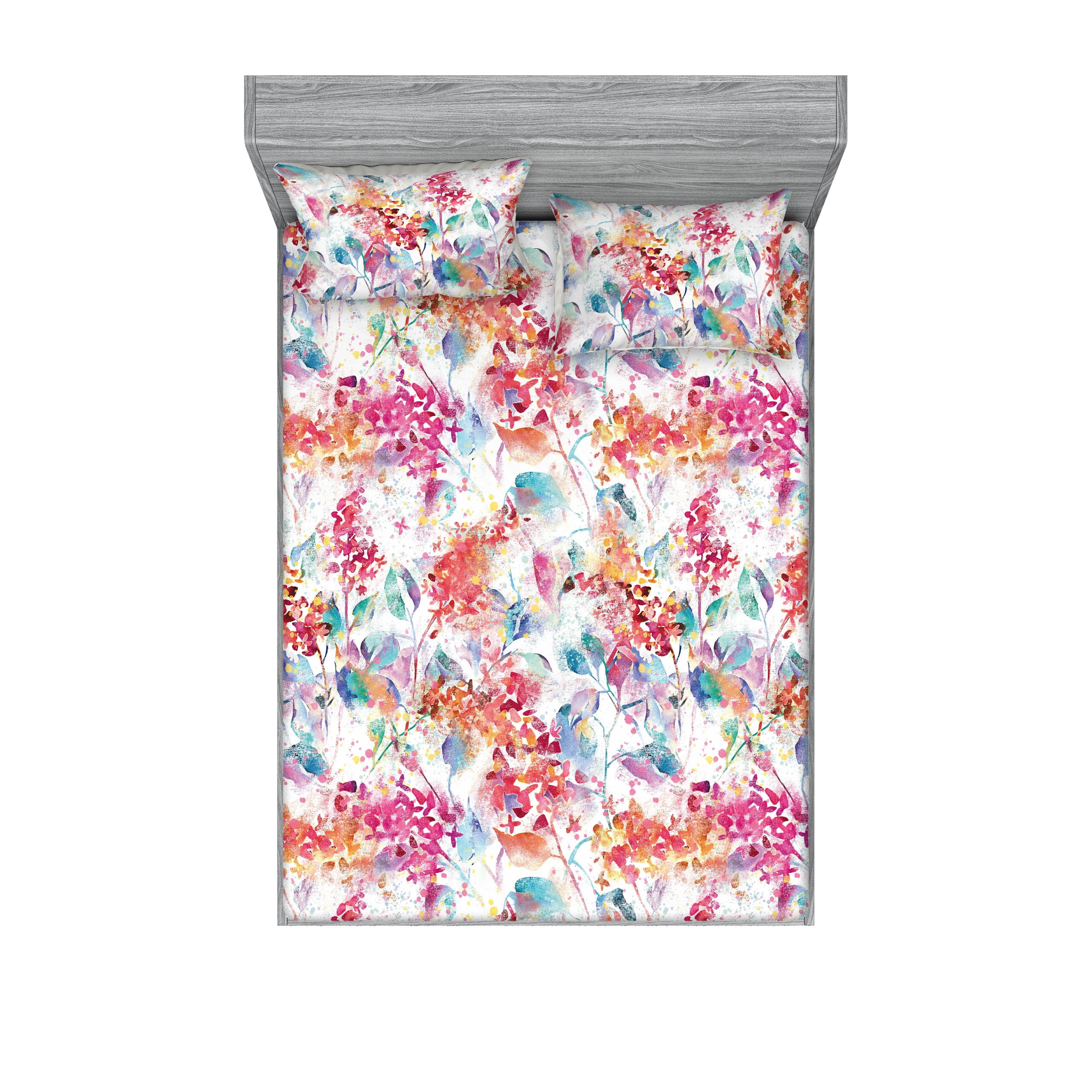 Lilac Pattern Fitted Sheet & Pillow Sham Set, Grunge Watercolor Design ...