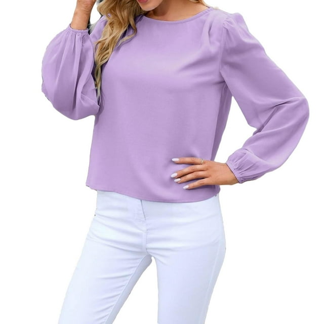 Lilac Purple Casual Plain Tops Round Neck Women's Blouses - Walmart.com