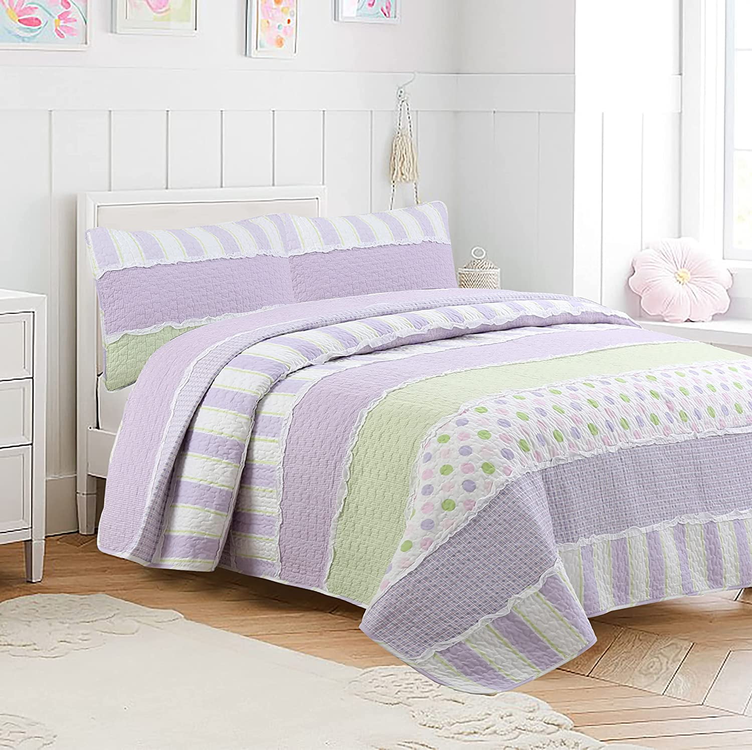 Lilac Purple Green Stripe Polka Dot Checker White Ruffle Patchwork Cotton Queen Reversible Quilt ...